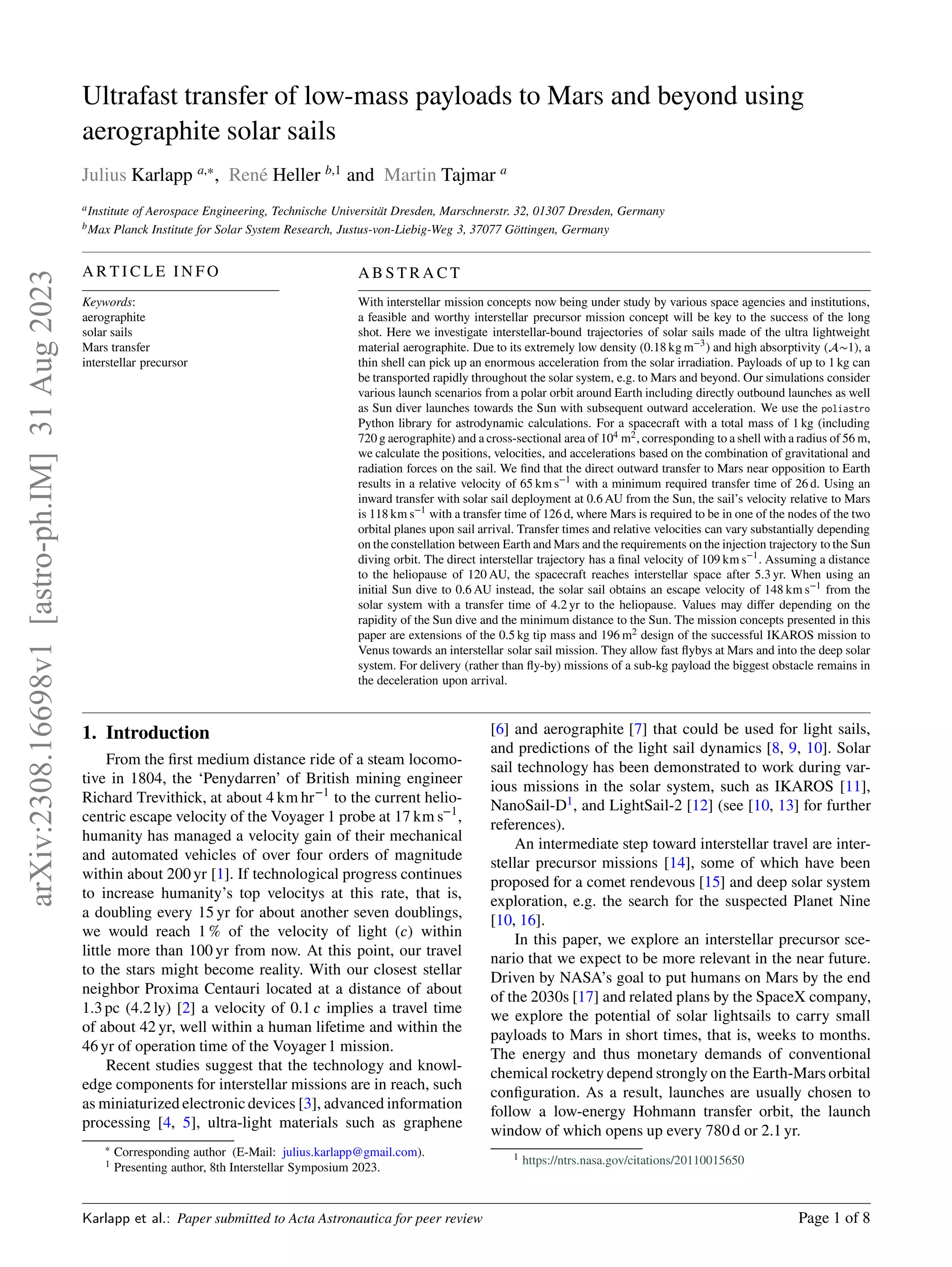 Ultrafast transfer of low-mass payloads to Mars and beyond using ...