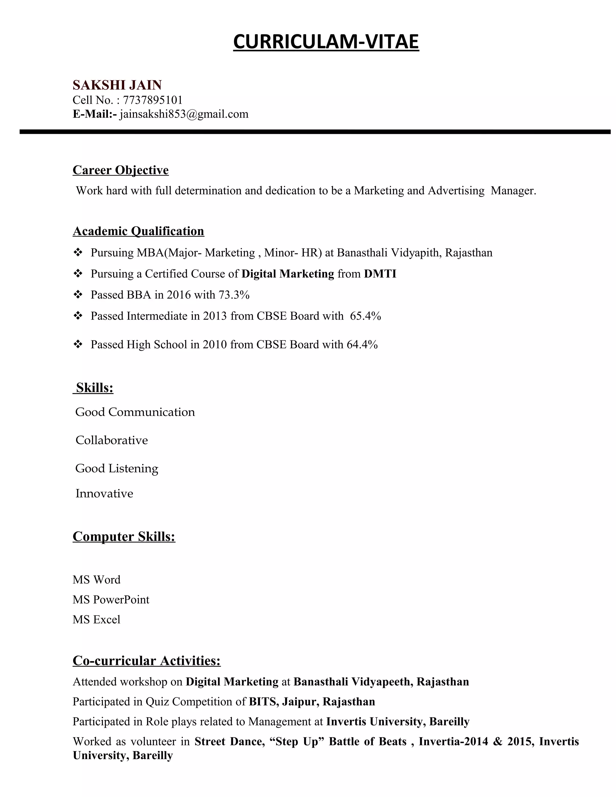 Sakshi Jain CV | DOC | Business | Business and Finance