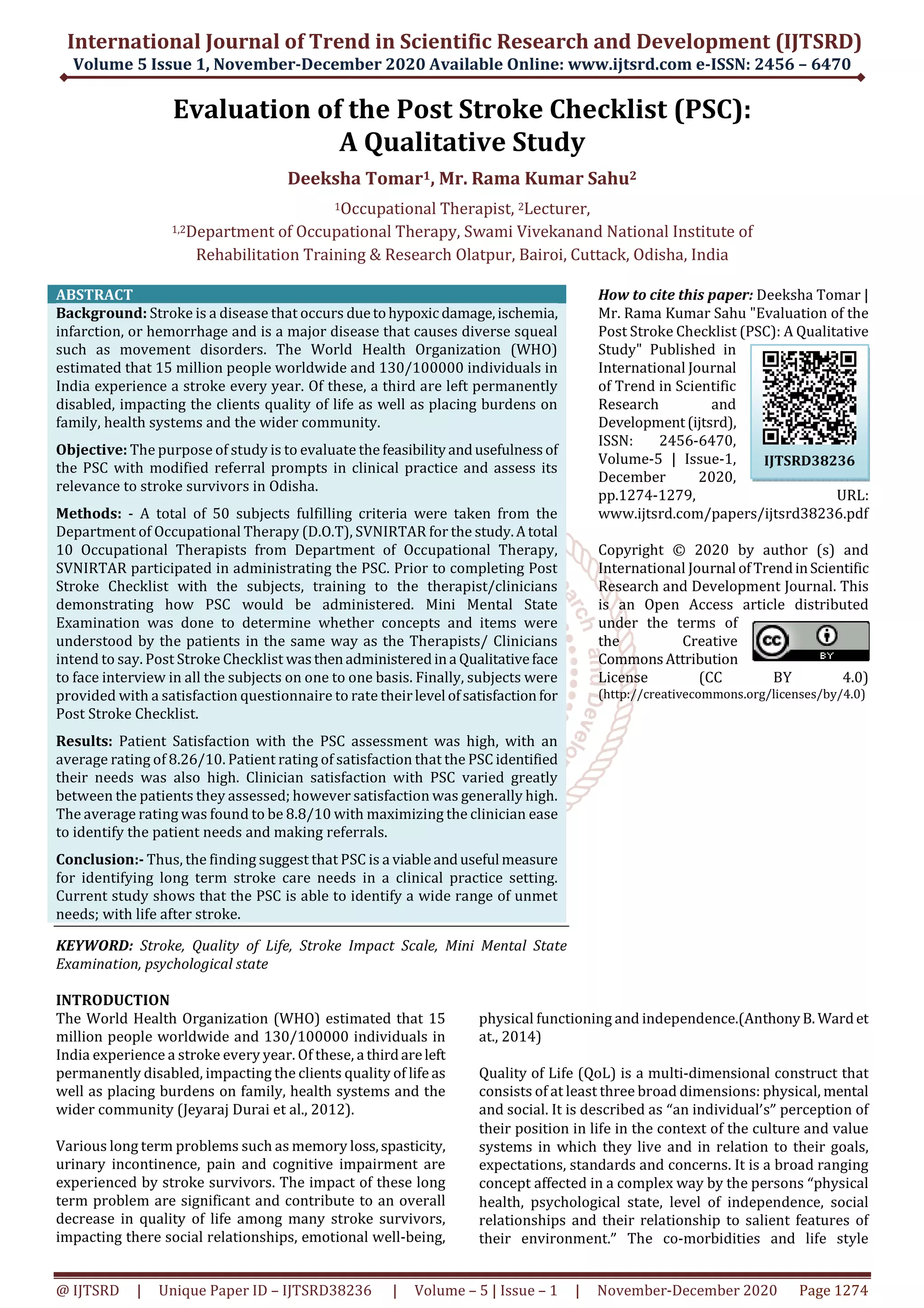 Evaluation of the Post Stroke Checklist PSC A Qualitative Study | PDF