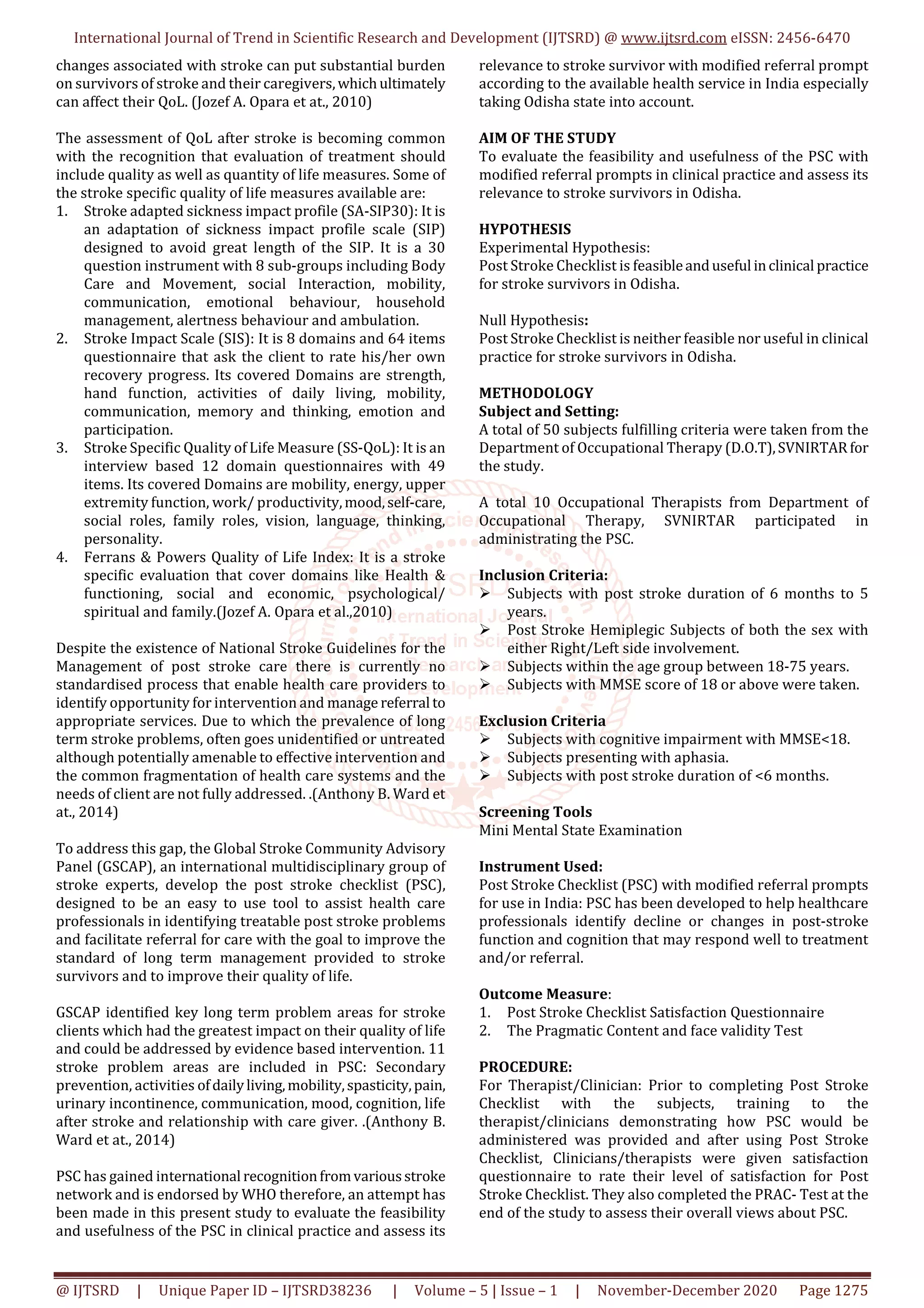 Evaluation of the Post Stroke Checklist PSC A Qualitative Study | PDF