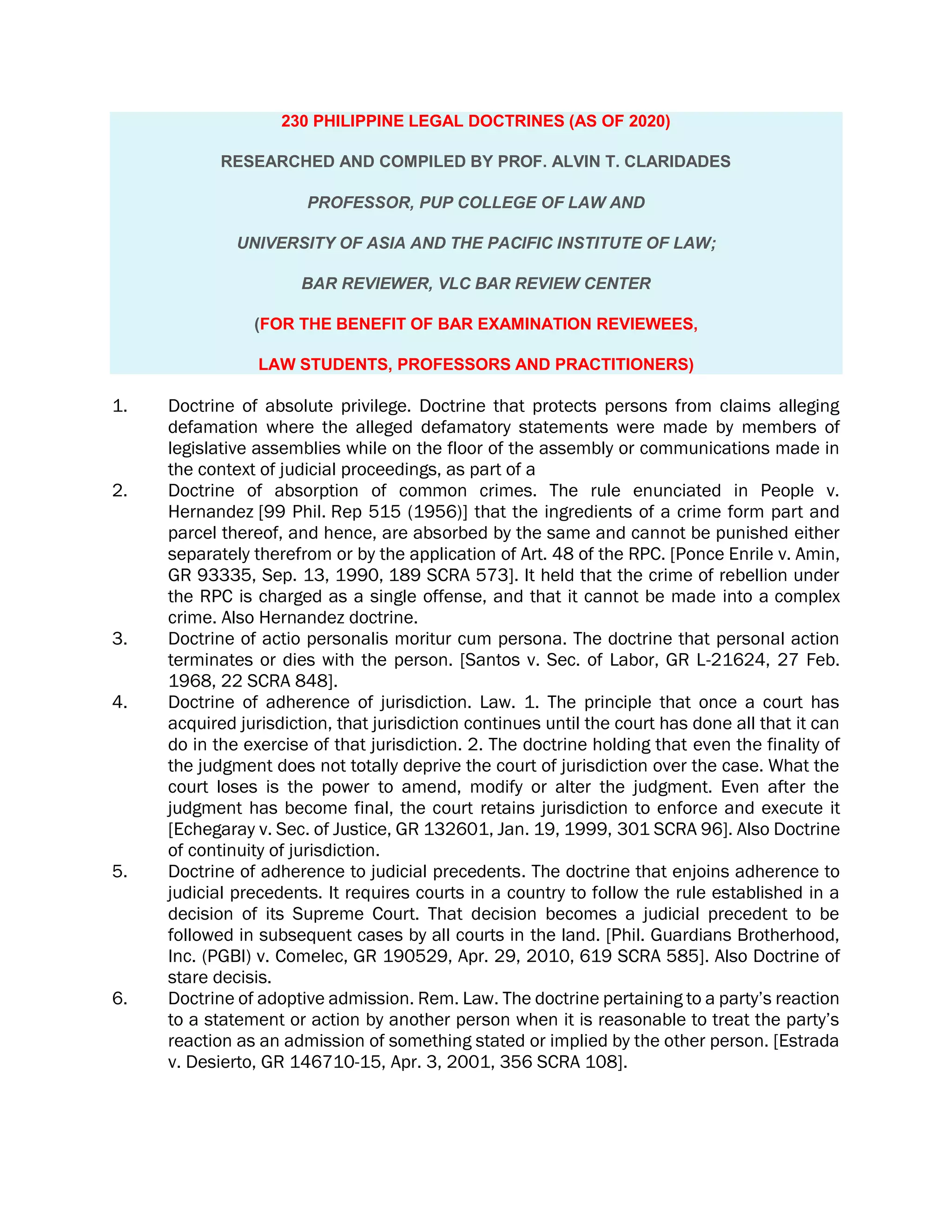 230 PHILIPPINE LEGAL DOCTRINES (AS OF 2020) RESEARCHED AND COMPILED BY ...