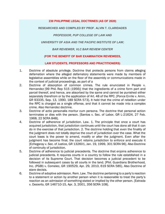 230 PHILIPPINE LEGAL DOCTRINES (AS OF 2020) RESEARCHED AND COMPILED BY ...