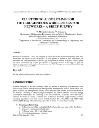 CLUSTERING ALGORITHMS FOR HETEROGENEOUS WIRELESS SENSOR NETWORKS – A BRIEF SURVEY | PDF ...