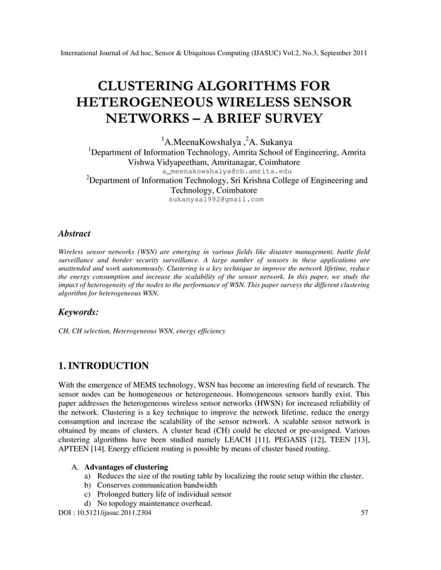 Clustering Algorithms For Heterogeneous Wireless Sensor Networks A Brief Survey Pdf