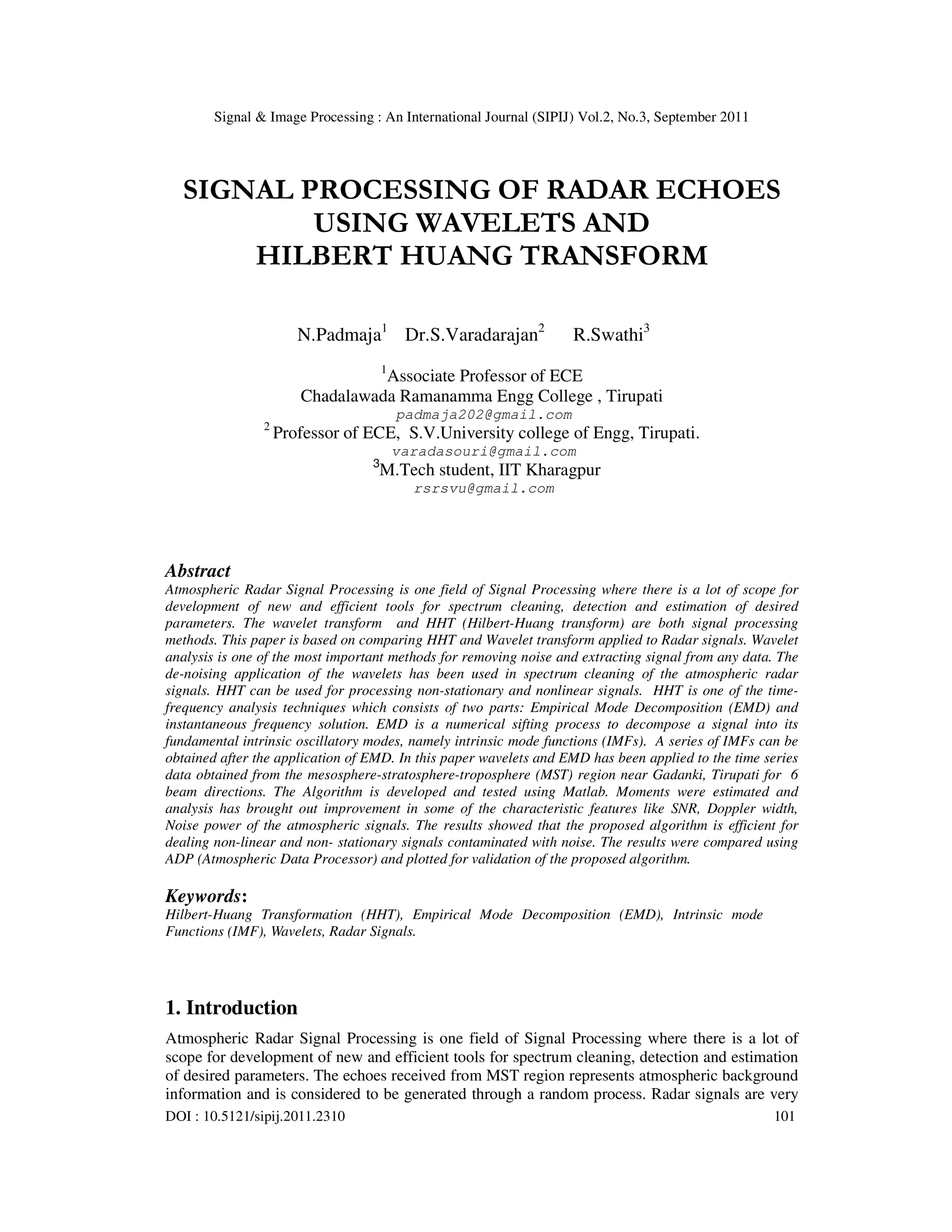 Signal Processing of Radar Echoes Using Wavelets and Hilbert Huang Transform | PDF | Technology ...