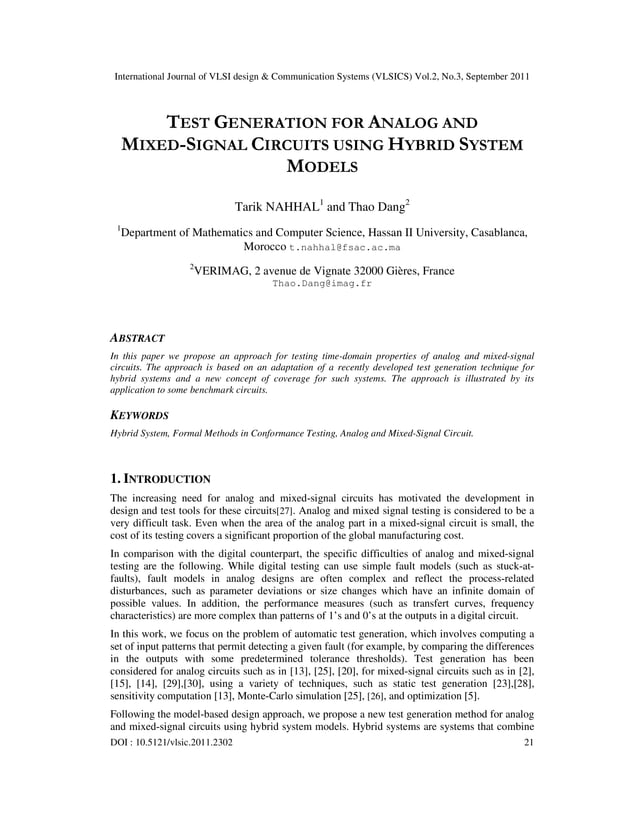 Test Generation For Analog And Mixed Signal Circuits Using Hybrid System Models Pdf