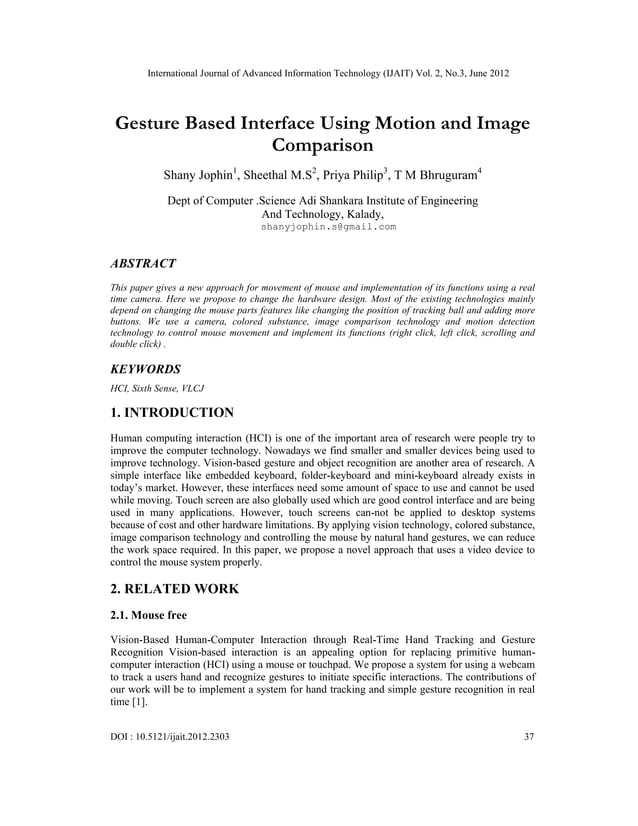 Gesture Based Interface Using Motion and Image Comparison | PDF
