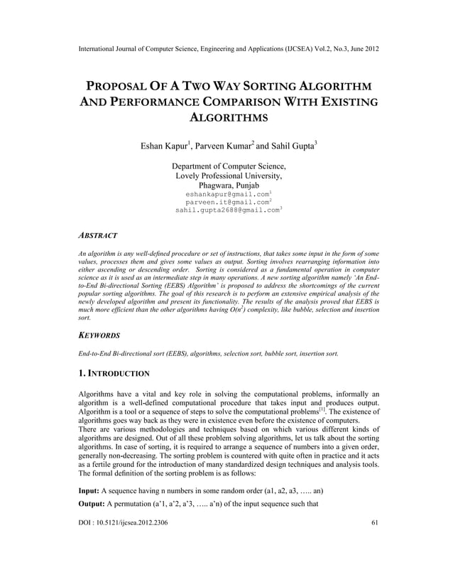 PROPOSAL OF A TWO WAY SORTING ALGORITHM AND PERFORMANCE COMPARISON WITH EXISTING ALGORITHMS | PDF