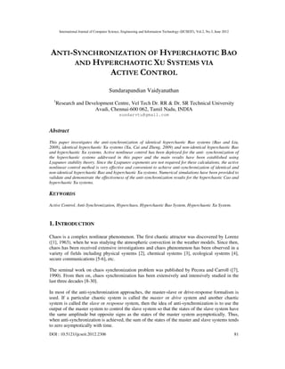 ANTI-SYNCHRONIZATION OF HYPERCHAOTIC BAO AND HYPERCHAOTIC XU SYSTEMS VIA ACTIVE CONTROL | PDF