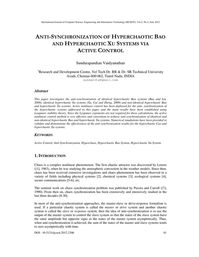 ANTI-SYNCHRONIZATION OF HYPERCHAOTIC BAO AND HYPERCHAOTIC XU SYSTEMS VIA ACTIVE CONTROL | PDF