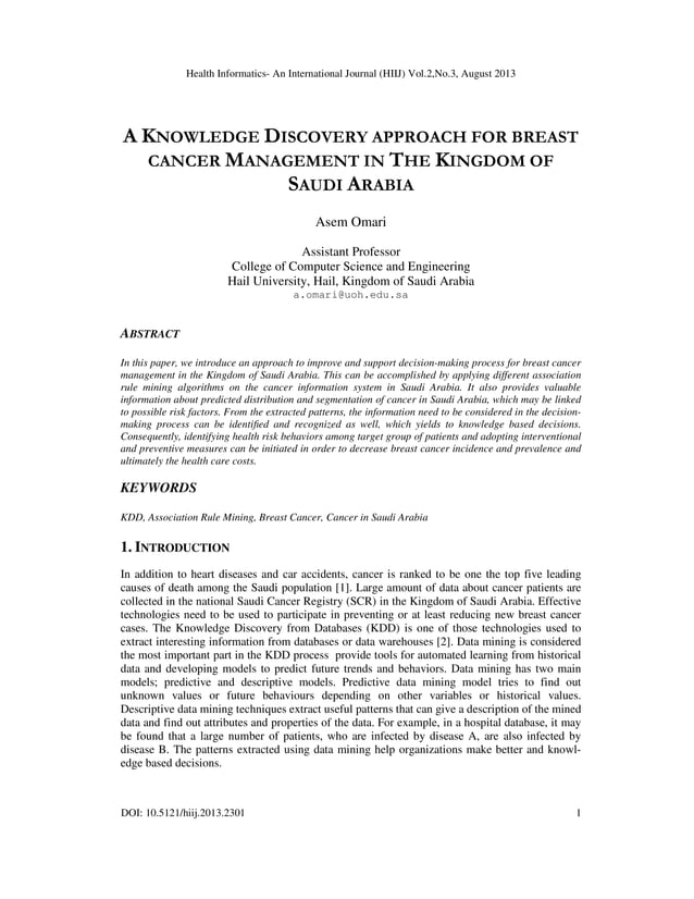 A KNOWLEDGE DISCOVERY APPROACH FOR BREAST CANCER MANAGEMENT IN THE ...