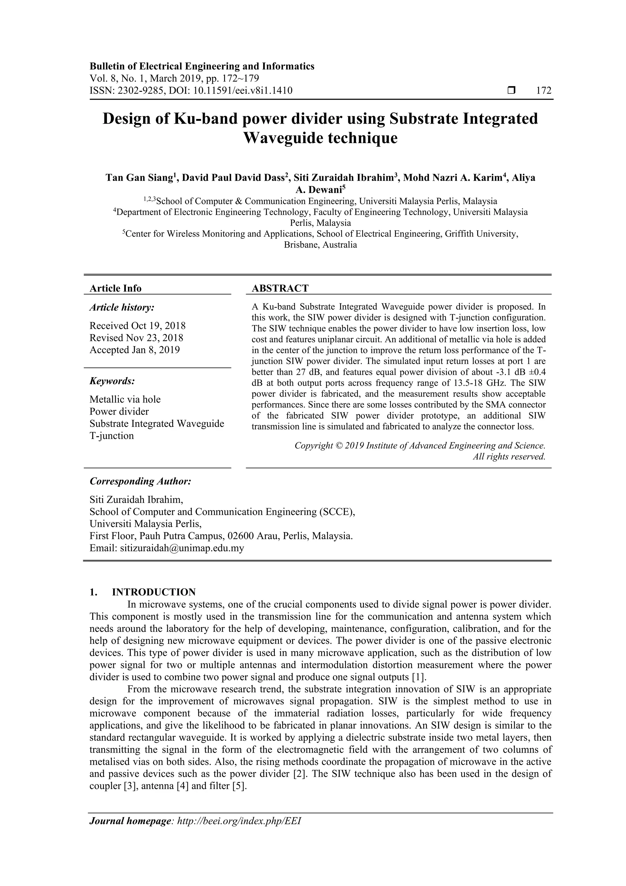 Design of Ku-band power divider using Substrate Integrated Waveguide technique | PDF