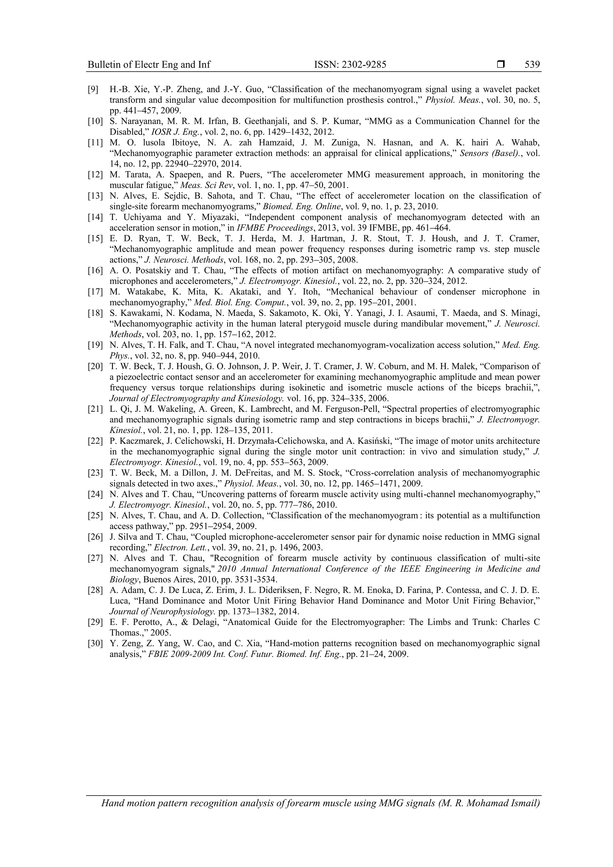 Hand motion pattern recognition analysis of forearm muscle using MMG signals | PDF