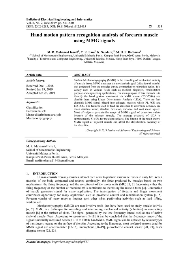 Hand Motion Pattern Recognition Analysis Of Forearm Muscle Using Mmg