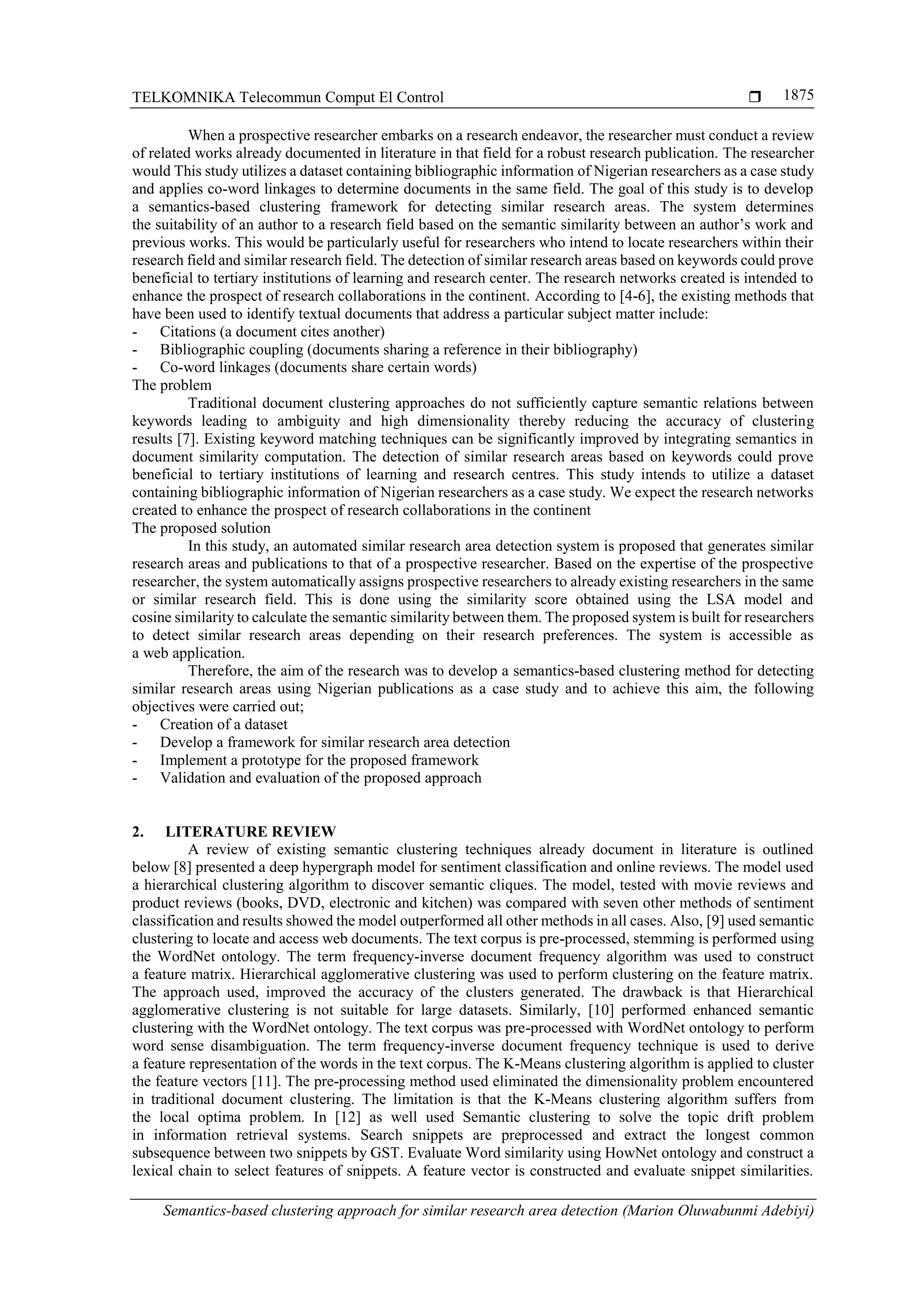 Semantics Based Clustering Approach For Similar Research Area Detection Pdf
