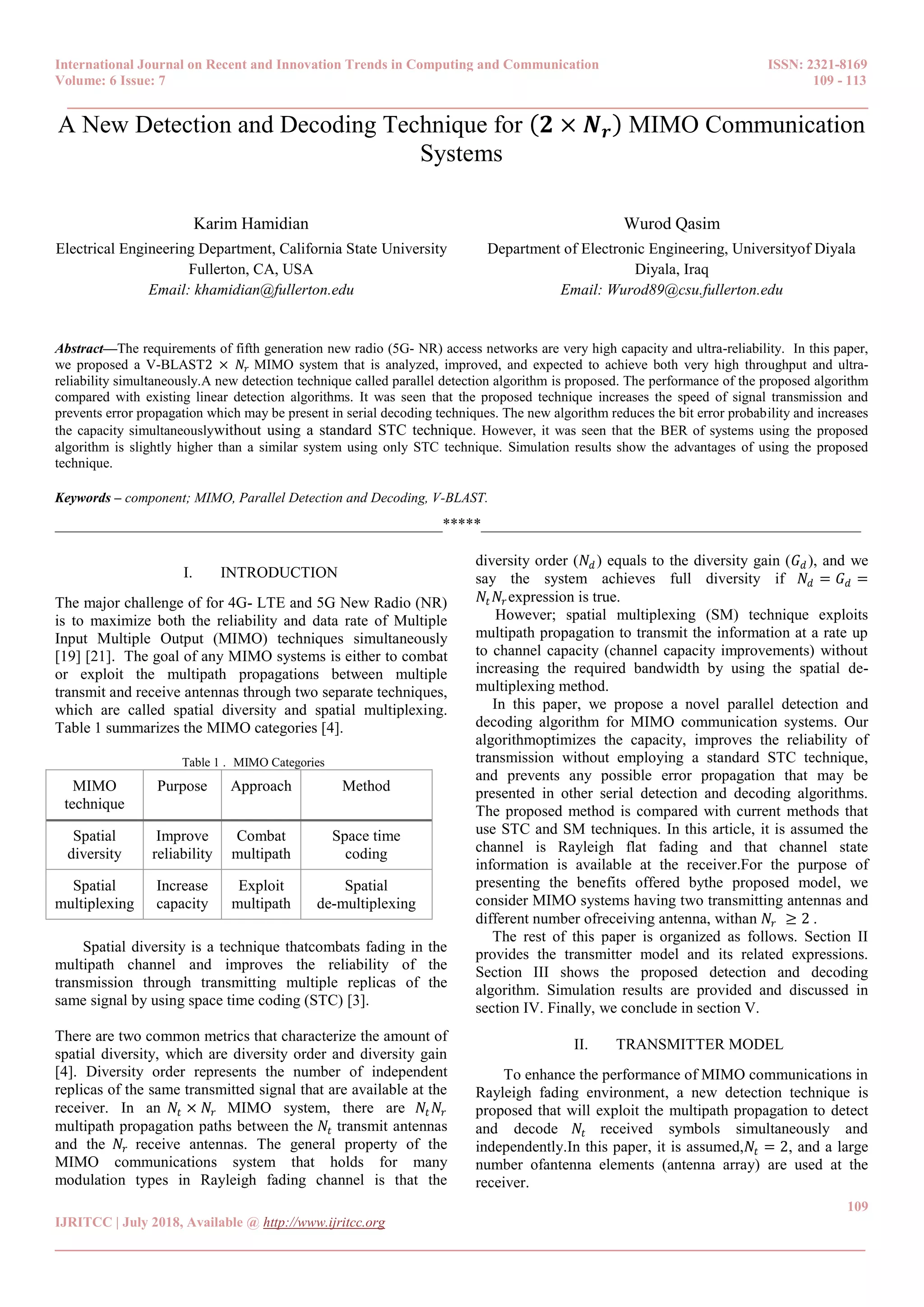 A New Detection And Decoding Technique For 2×n R Mimo Communication Systems Pdf