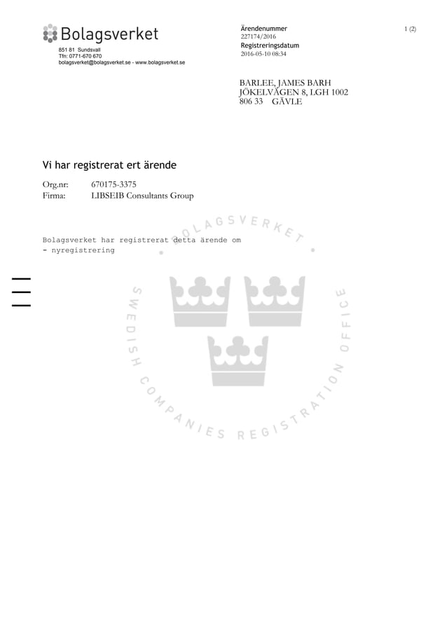 Registreringsbevis 670175-3375 | PDF | Business | Business and Finance