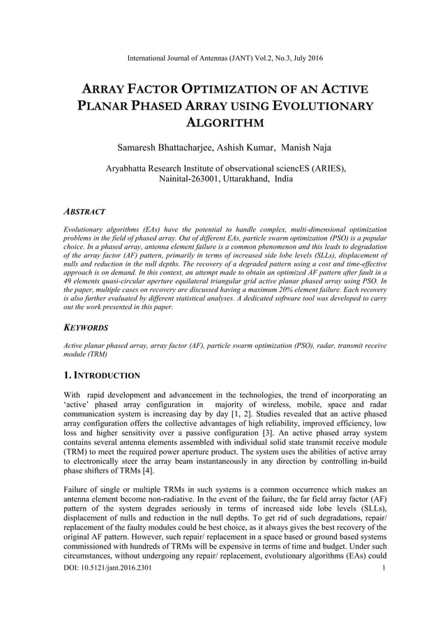 ARRAY FACTOR OPTIMIZATION OF AN ACTIVE PLANAR PHASED ARRAY USING EVOLUTIONARY ALGORITHM | PDF