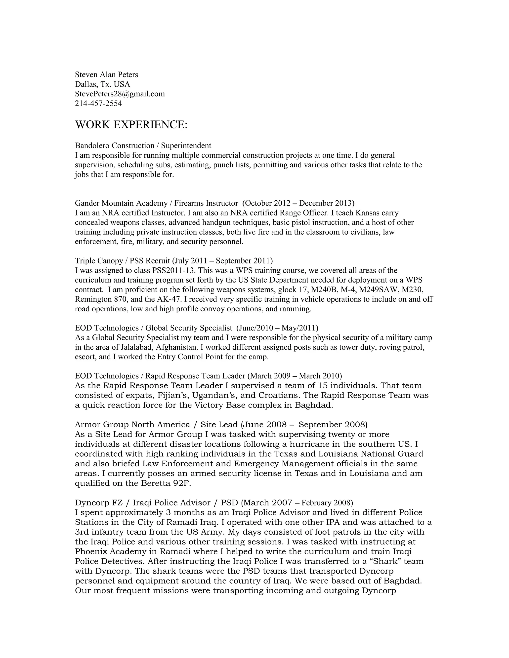 Peters CV | DOC | Arms & Ammunition | Sensitive Topics