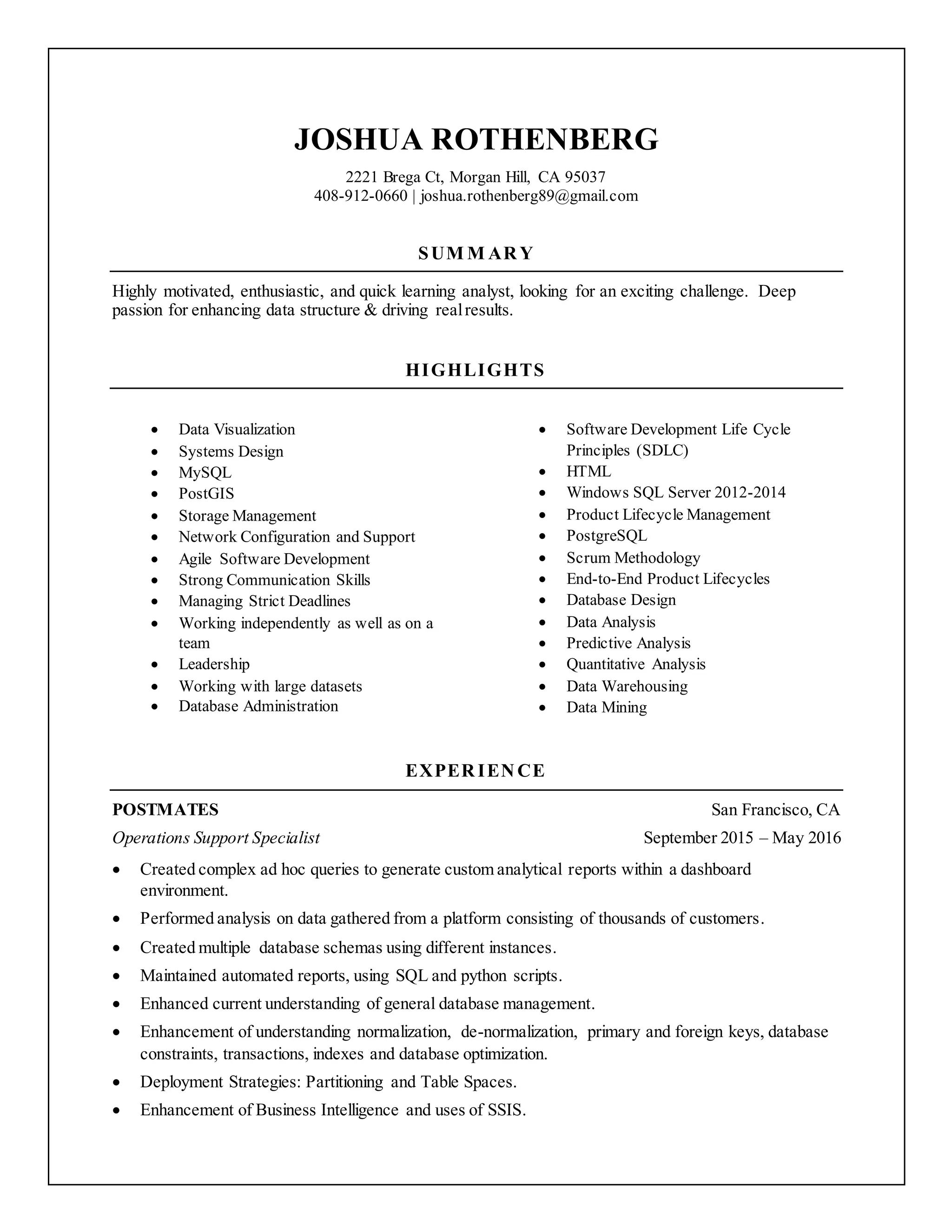Joshua_Rothenberg_Current_Resume_2 | DOCX | Databases | Computer Software and Applications