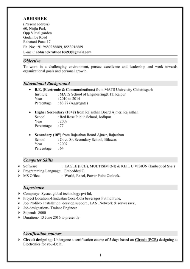 ABHISHEK_CV_BE_ECE - 14 PUNE | PDF