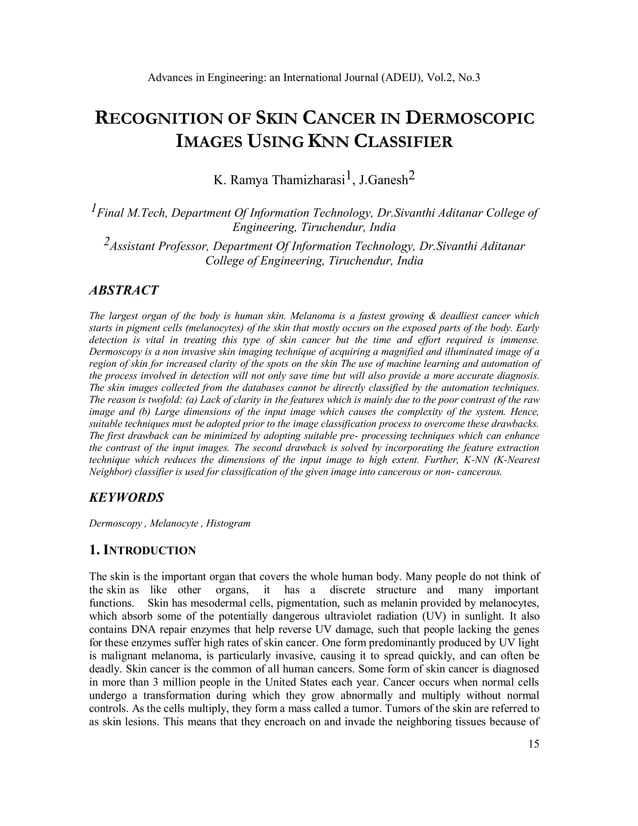 RECOGNITION OF SKIN CANCER IN DERMOSCOPIC IMAGES USING KNN CLASSIFIER | PDF