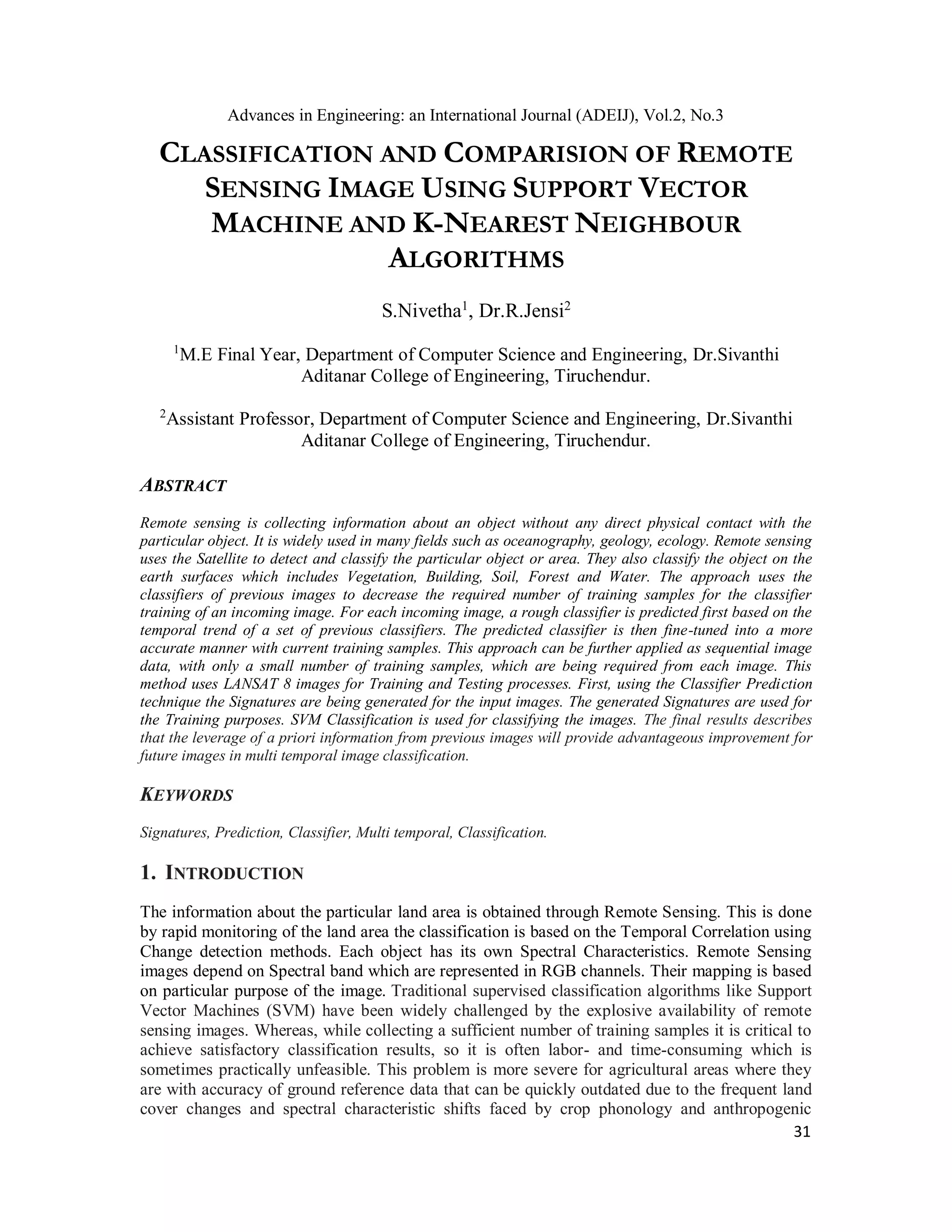 CLASSIFICATION AND COMPARISION OF REMOTE SENSING IMAGE USING SUPPORT VECTOR MACHINE AND K ...