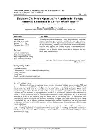 Utlization Cat Swarm Optimization Algorithm for Selected Harmonic Elemination in Current Source ...