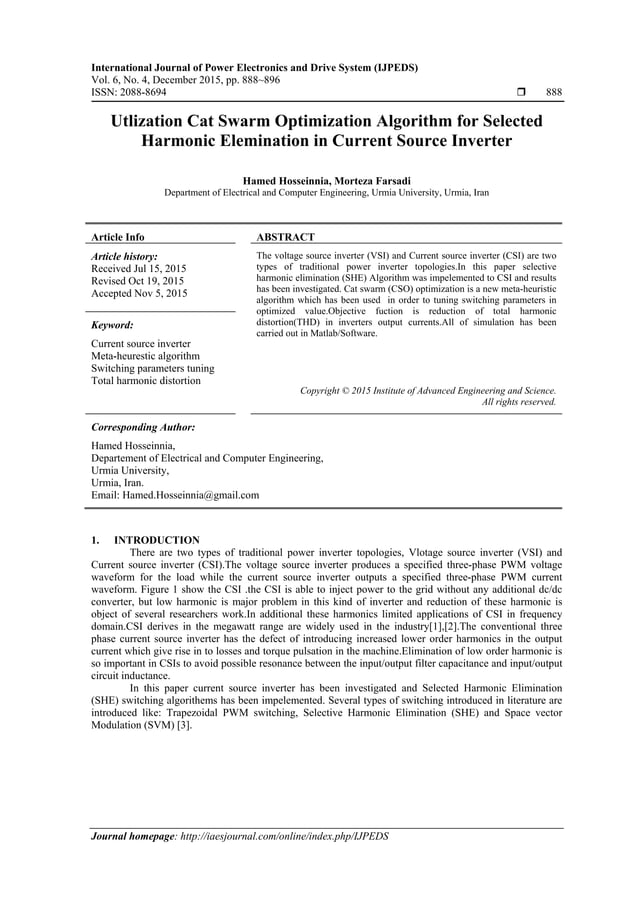 Utlization Cat Swarm Optimization Algorithm for Selected Harmonic Elemination in Current Source ...