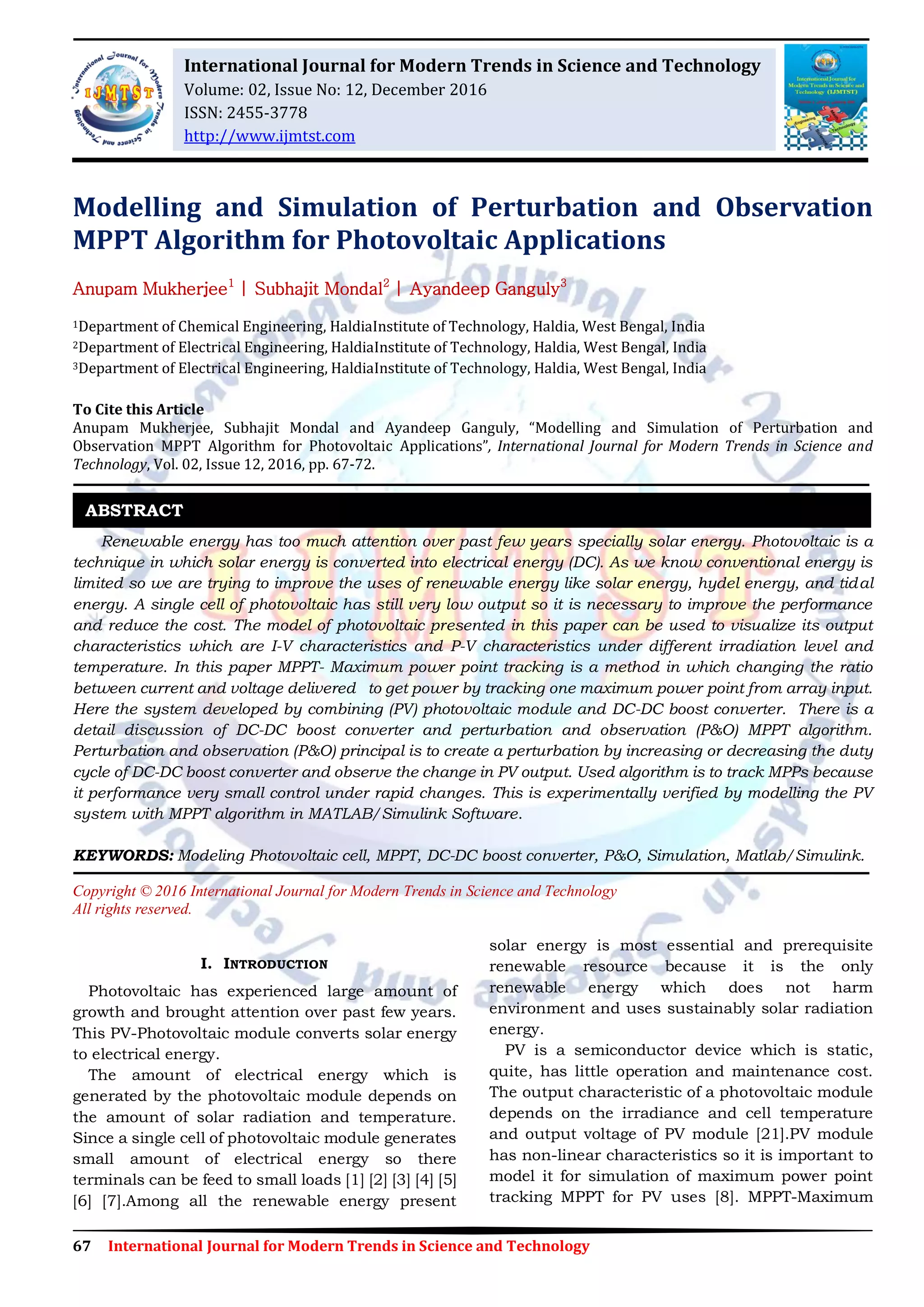 Modelling and Simulation of Perturbation and Observation MPPT Algorithm for Photovoltaic ...