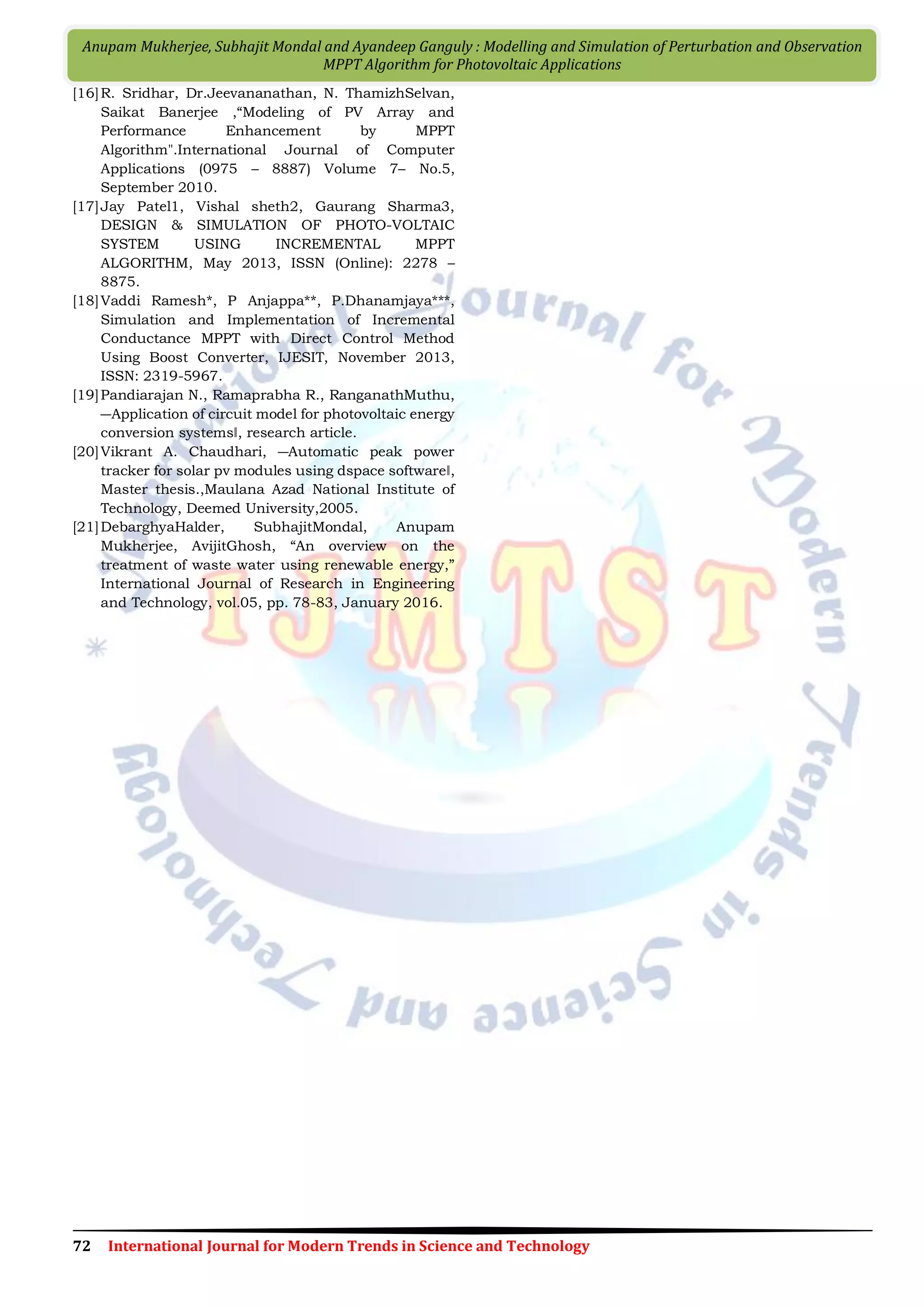 Modelling And Simulation Of Perturbation And Observation Mppt Algorithm For Photovoltaic
