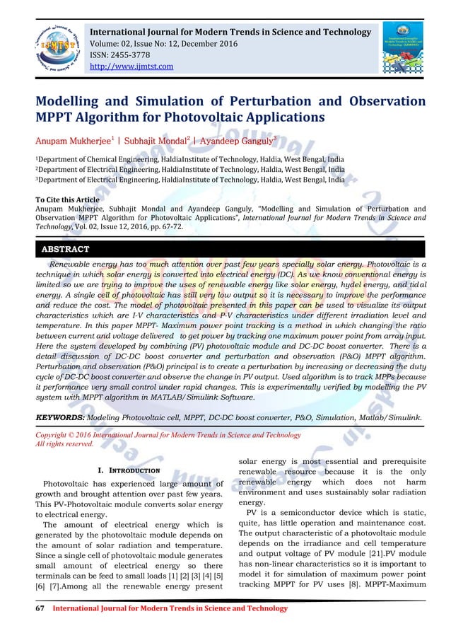 Modelling And Simulation Of Perturbation And Observation Mppt Algorithm
