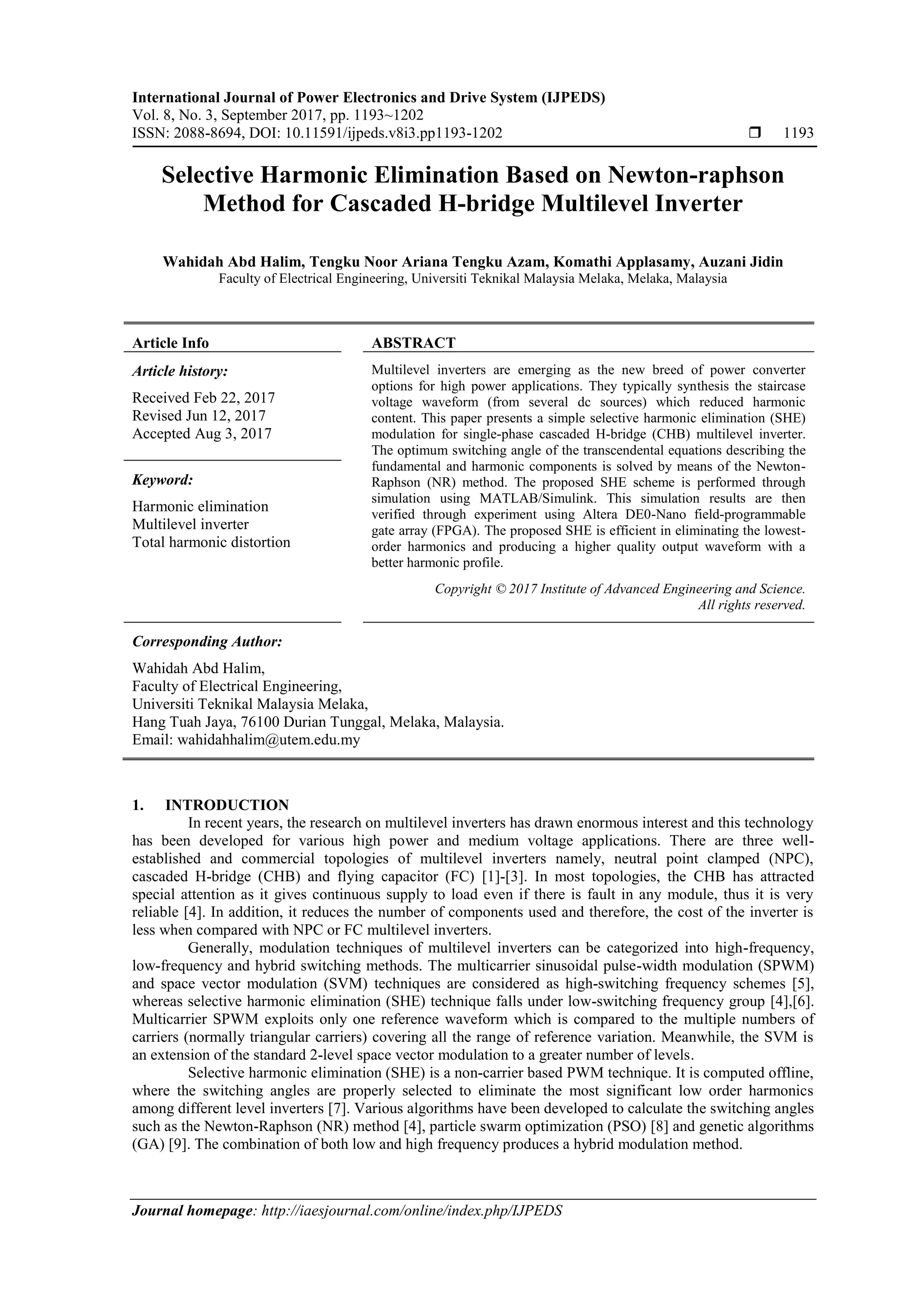 Selective Harmonic Elimination Based on Newton-raphson Method for Cascaded H-bridge Multilevel ...
