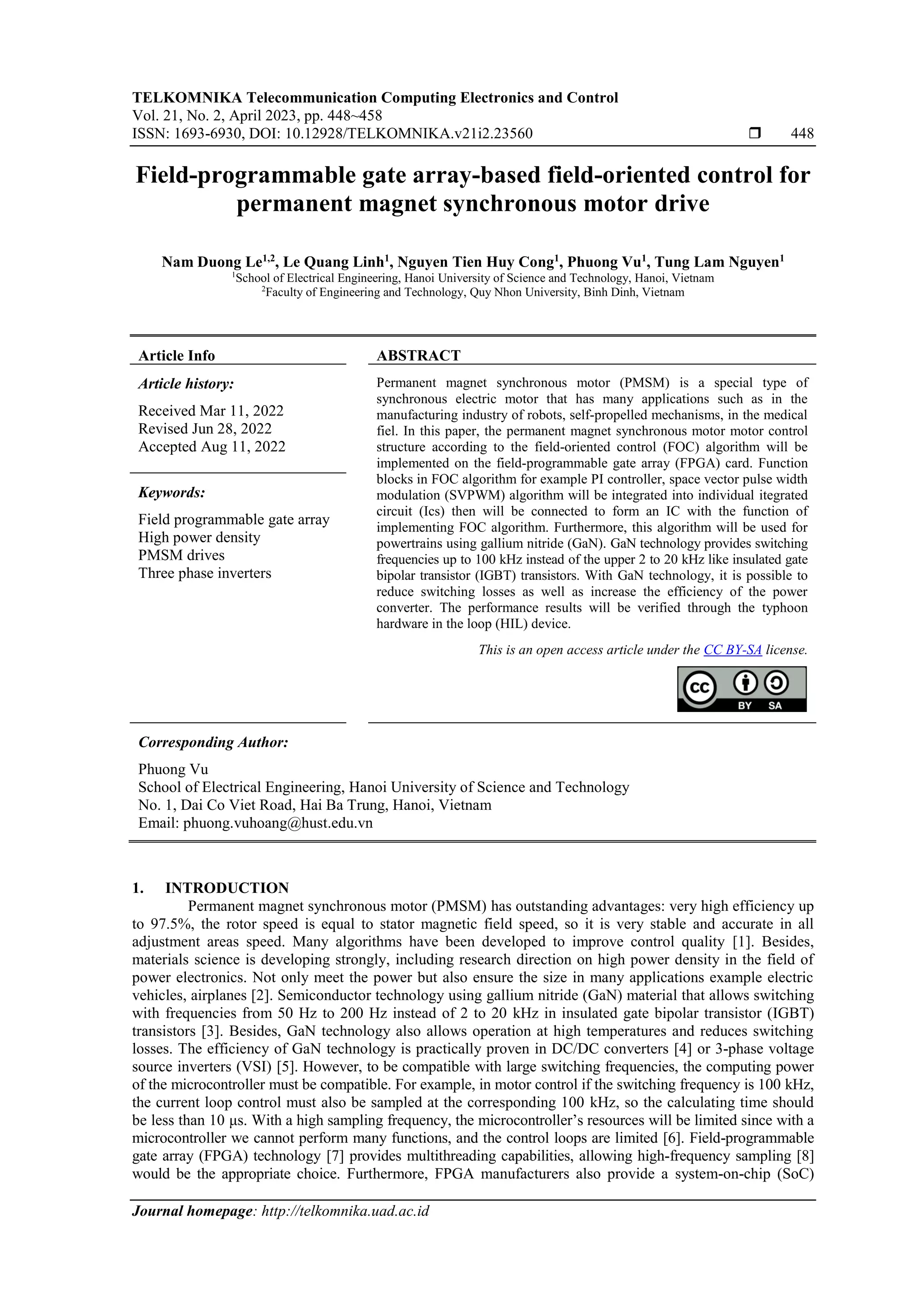Field Programmable Gate Array Based Field Oriented Control For Permanent Magnet Synchronous