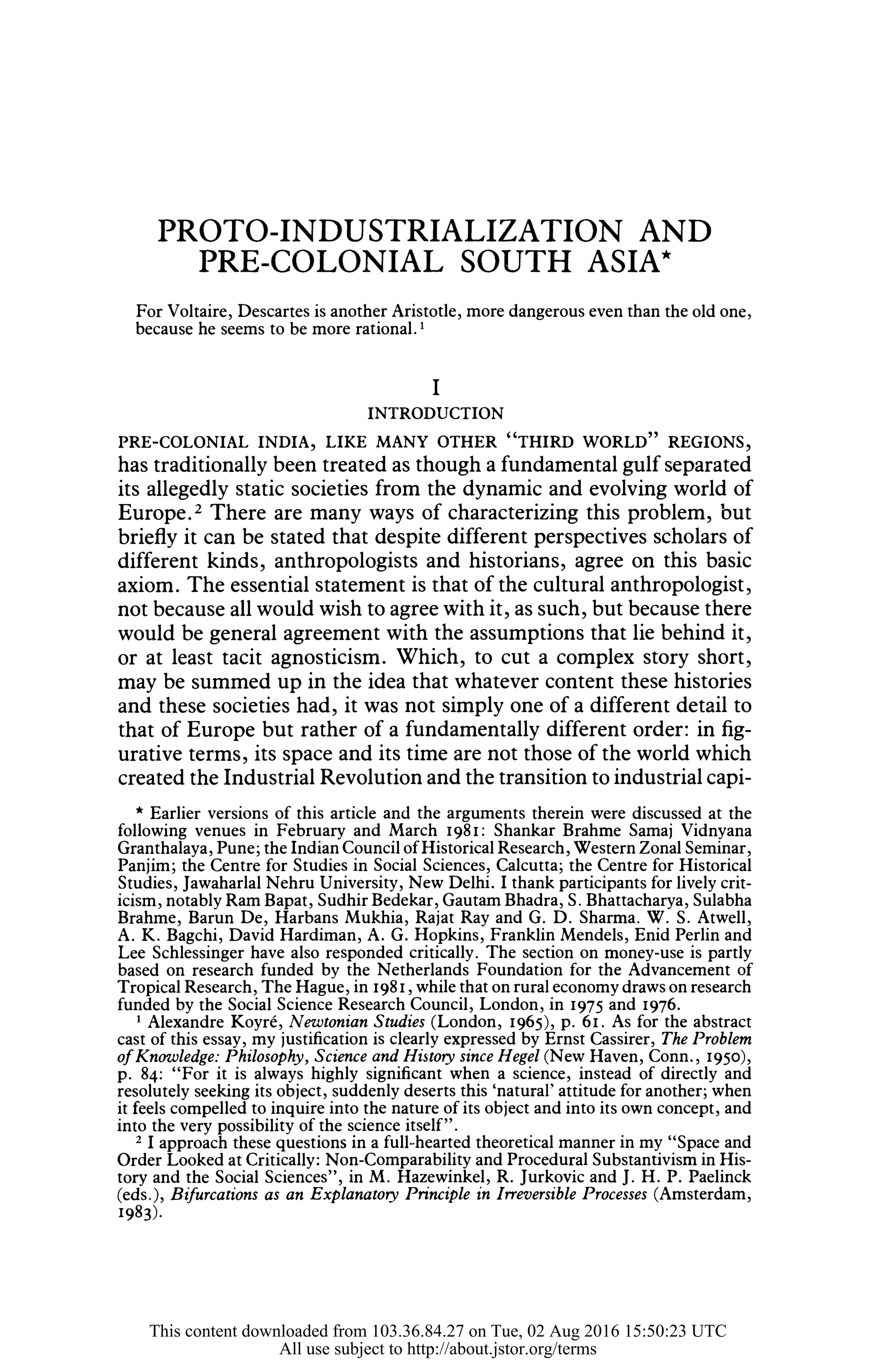 Protoindustrialization And Precolonial South Asia Frank Perlin | PDF