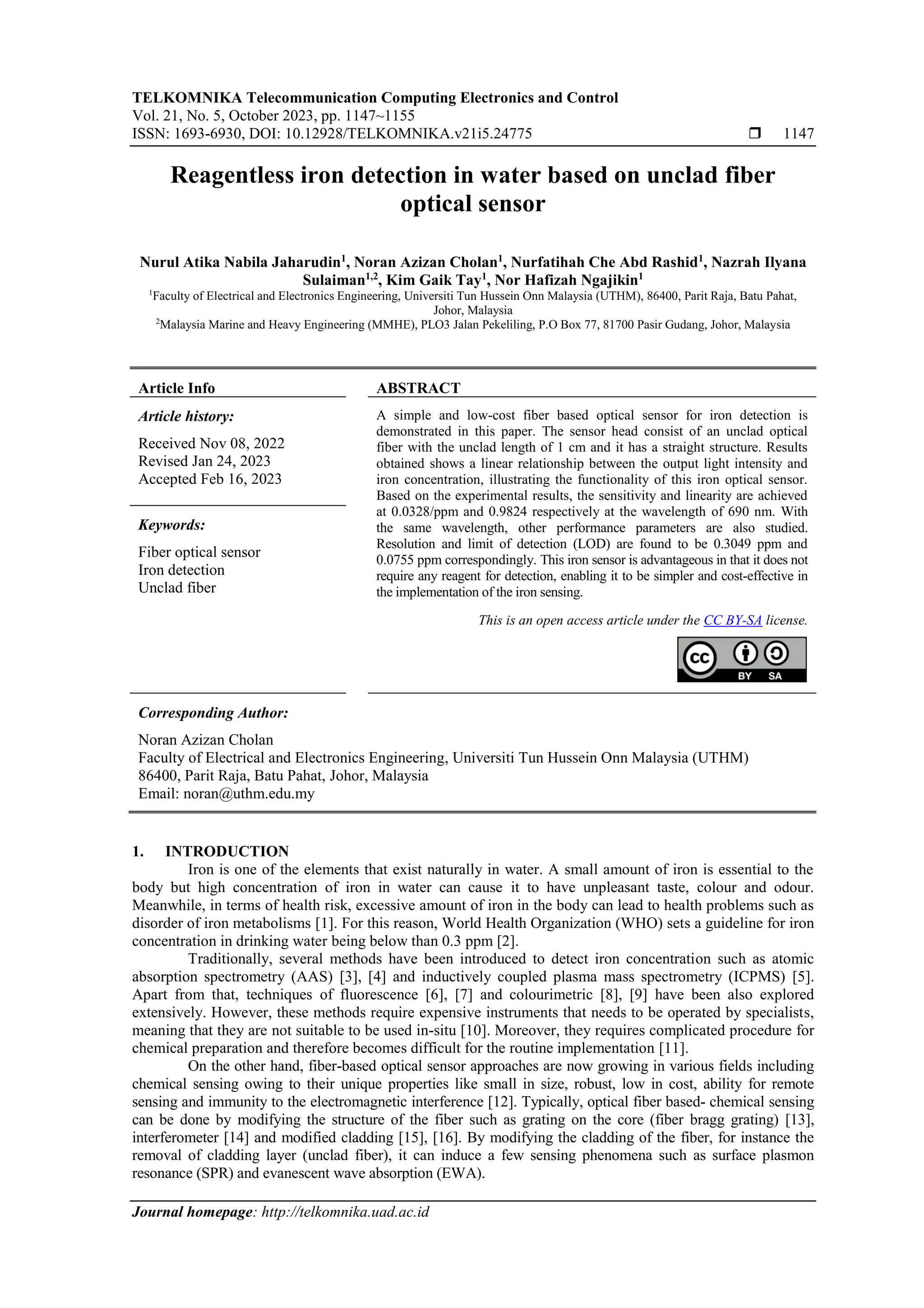 Reagentless iron detection in water based on unclad fiber optical ...