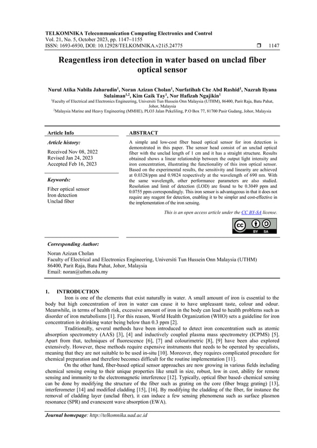 Reagentless iron detection in water based on unclad fiber optical ...