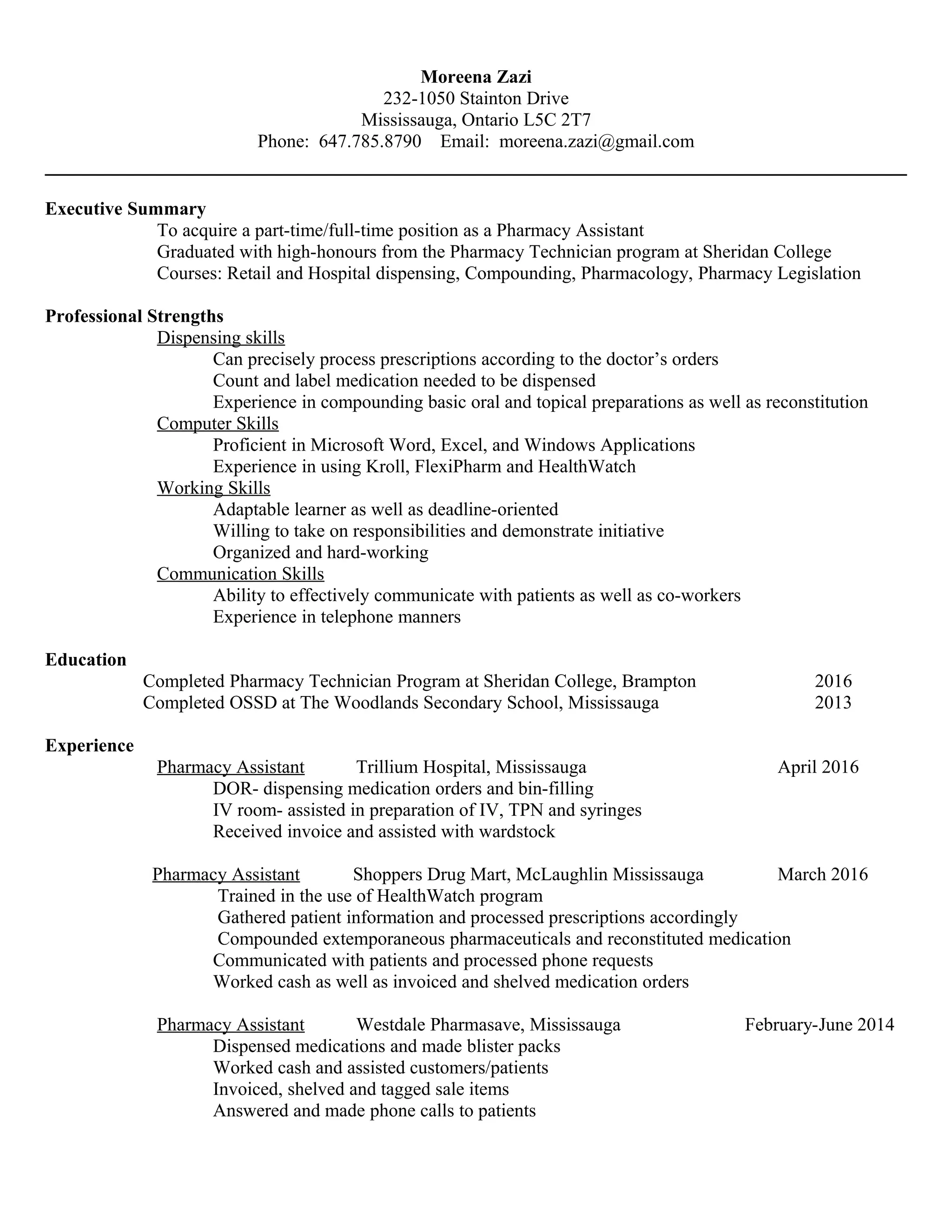 Resume Pharm Tech Official | DOC