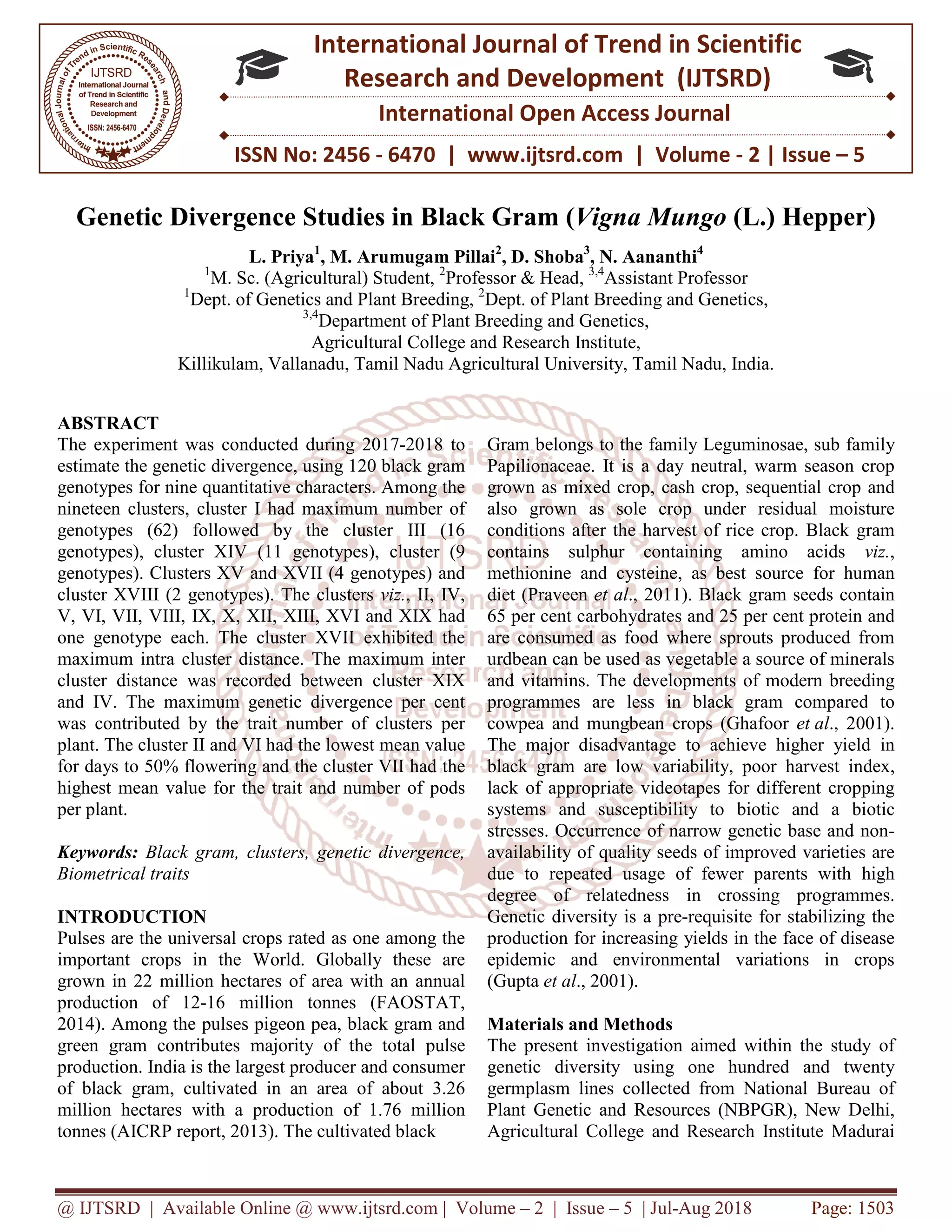 Genetic Divergence Studies in Black Gram (Vigna Mungo (L.) Hepper) | PDF