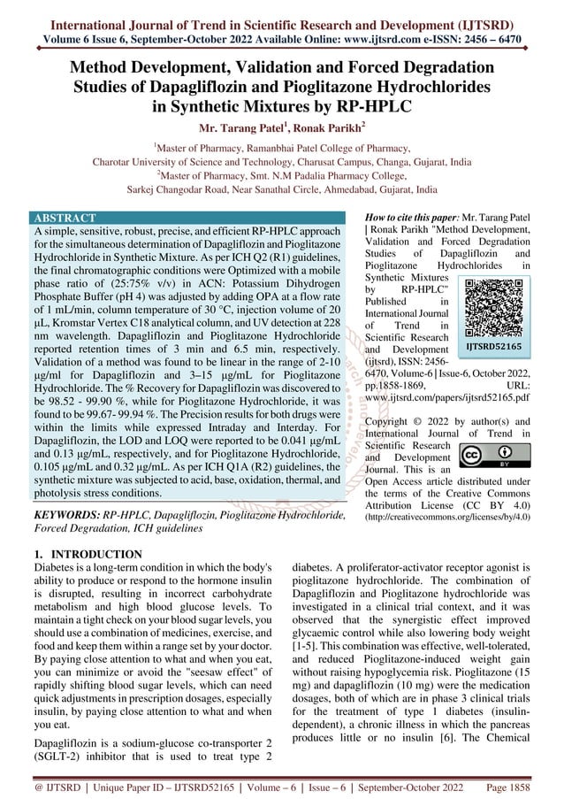 Method Development, Validation and Forced Degradation Studies of Dapagliflozin and Pioglitazone ...