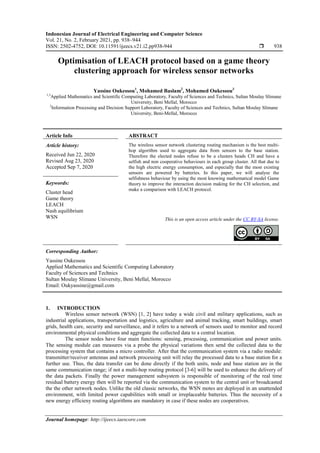 Optimisation of LEACH protocol based on a game theory clustering approach for wireless sensor ...