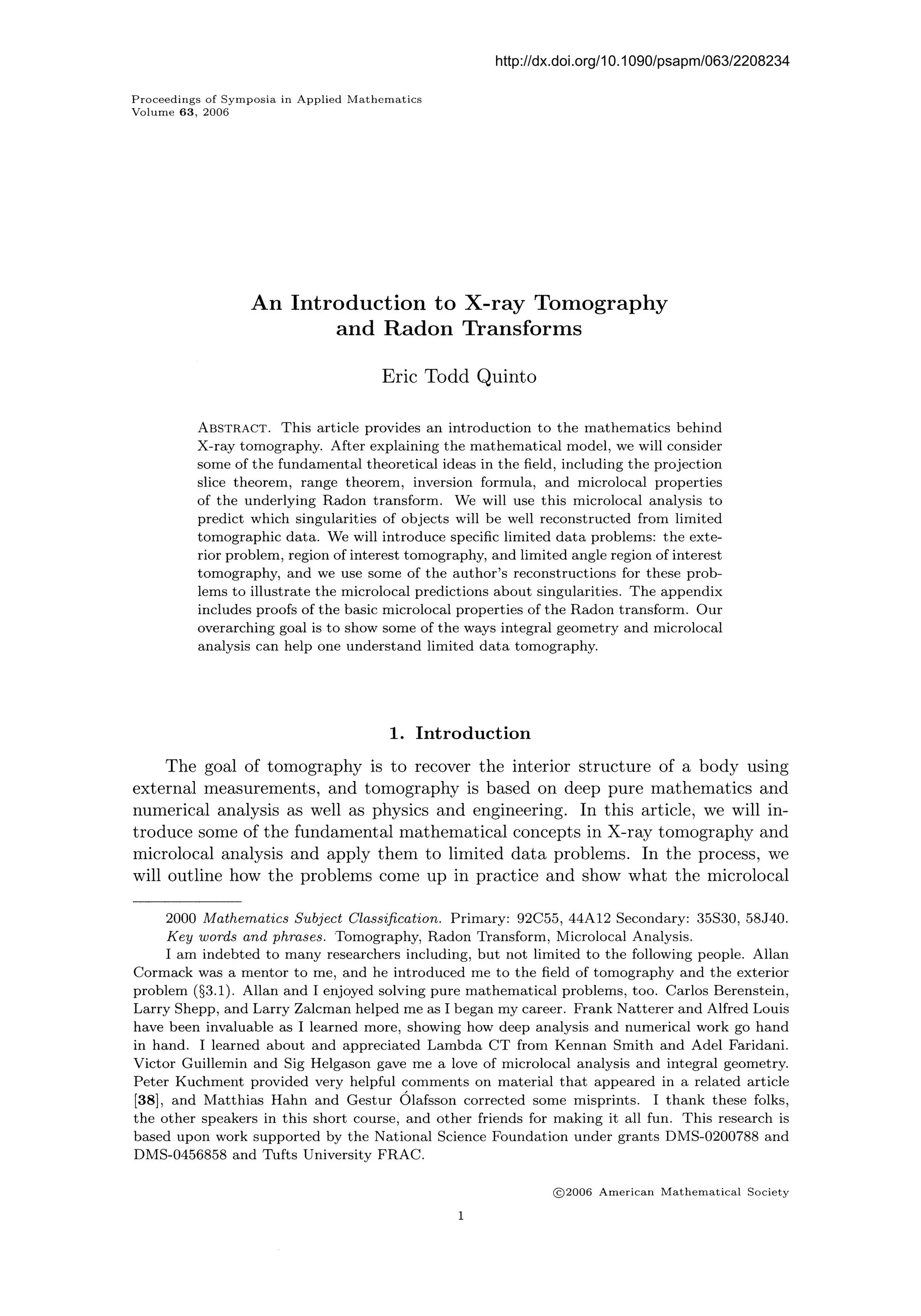 The Radon Transform Inverse Problems And Tomography Gestur Olafsson And ...