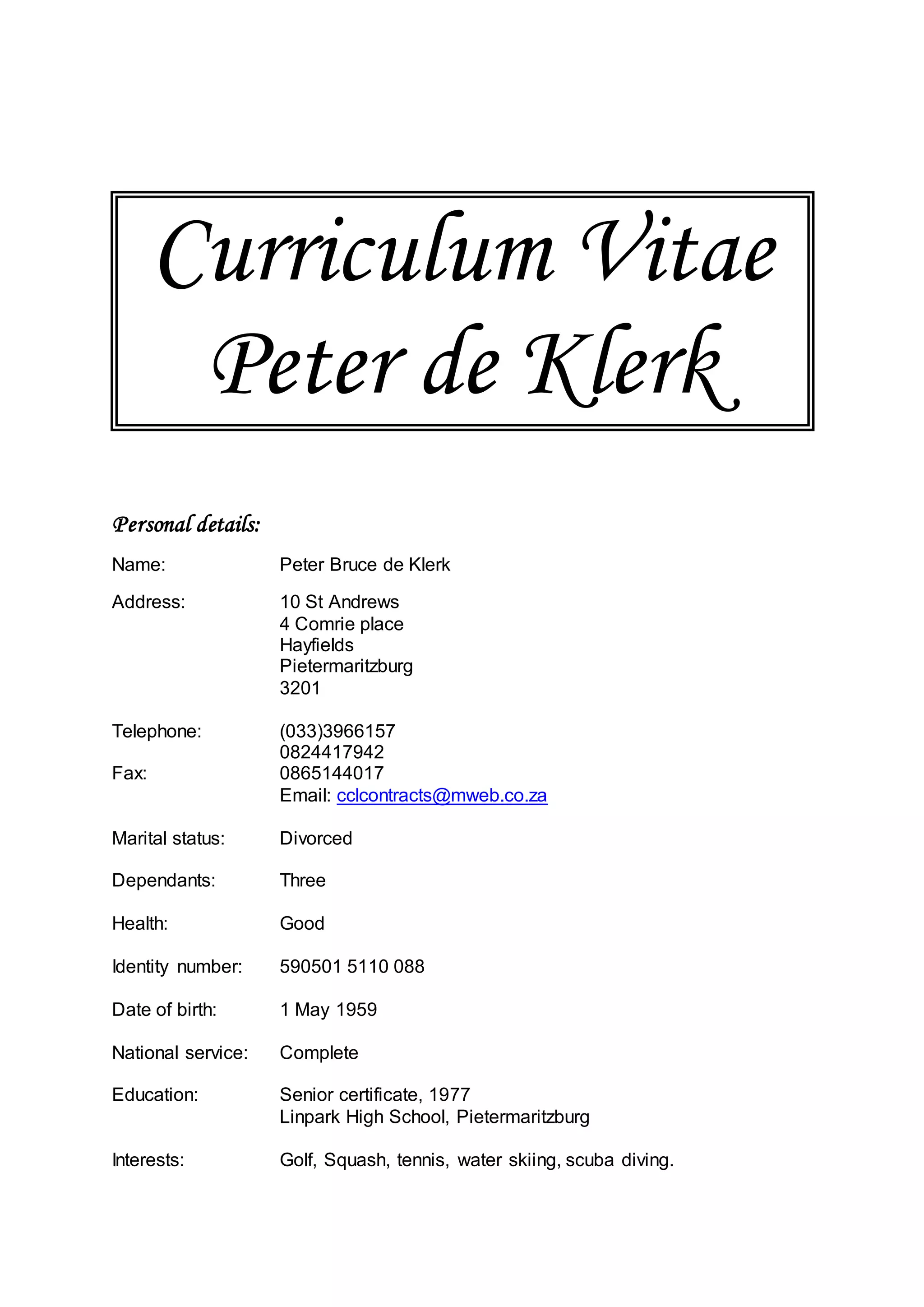 CV Peter De Klerk | PDF