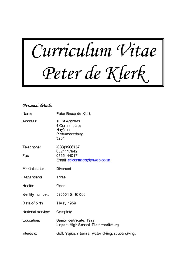 CV Peter De Klerk | PDF
