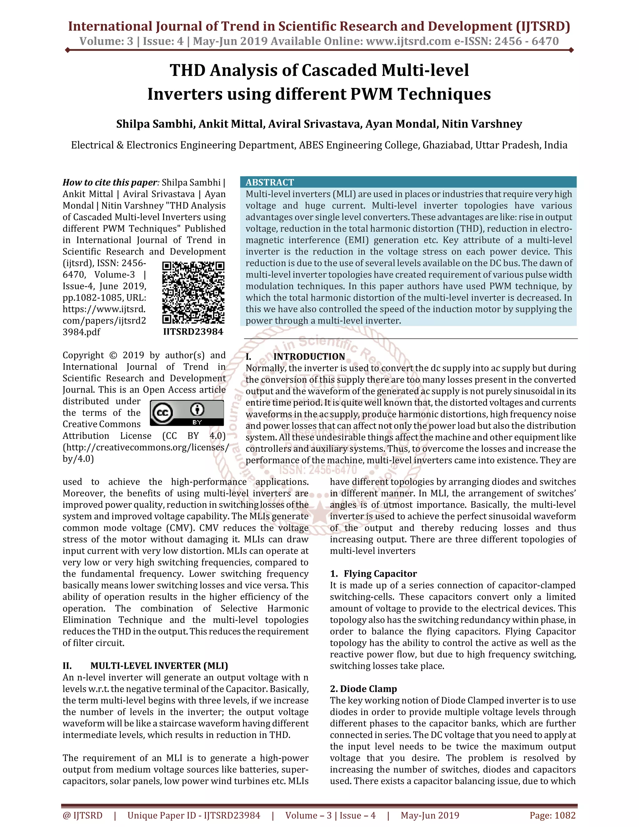 THD Analysis of Cascaded Multi level Inverters using different PWM Techniques | PDF
