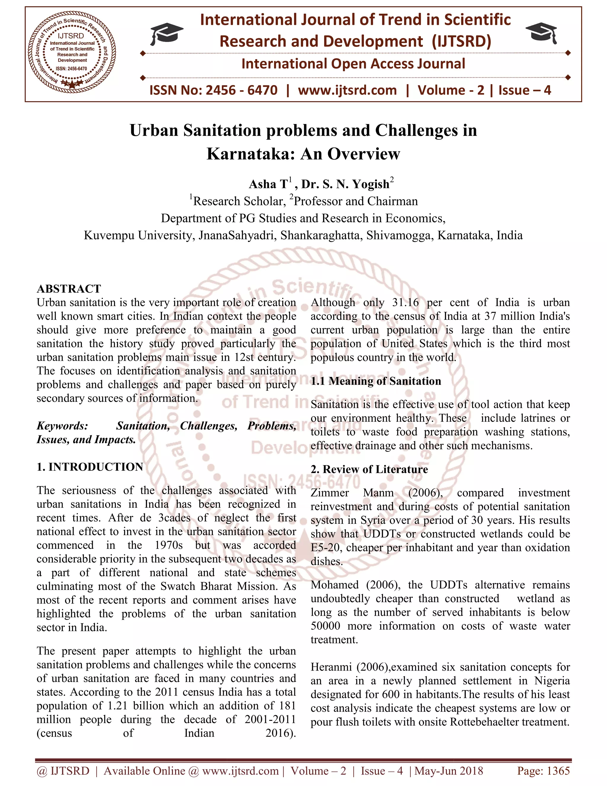 Urban Sanitation problems and Challenges in Karnataka: An Overview | PDF