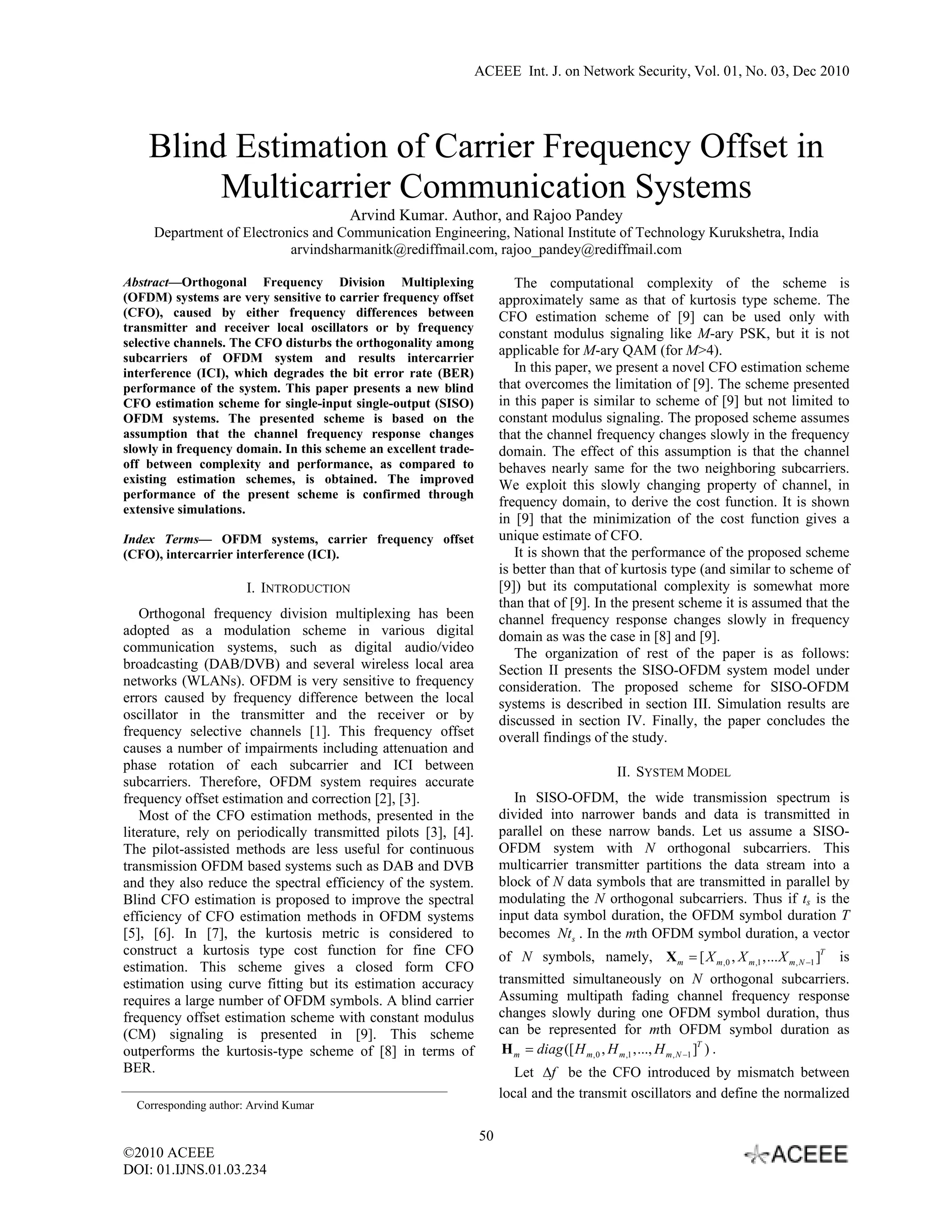 Blind Estimation Of Carrier Frequency Offset In Multicarrier
