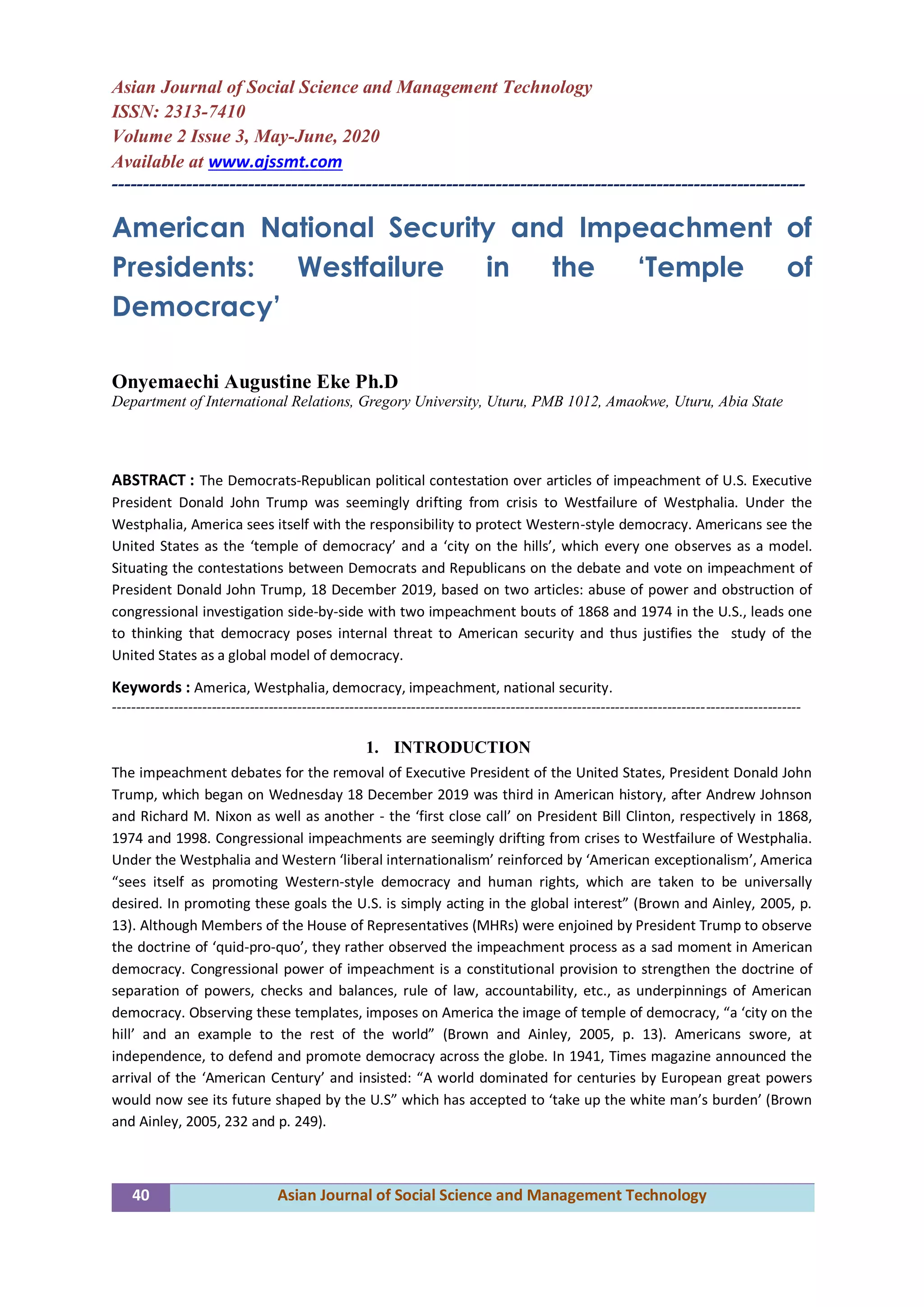 American National Security and Impeachment of Presidents: Westfailure ...