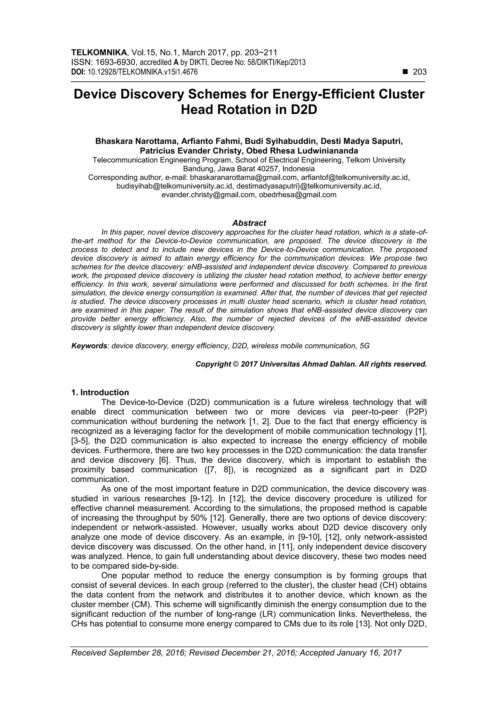 Device Discovery Schemes for Energy-Efficient Cluster Head Rotation in D2D | PDF