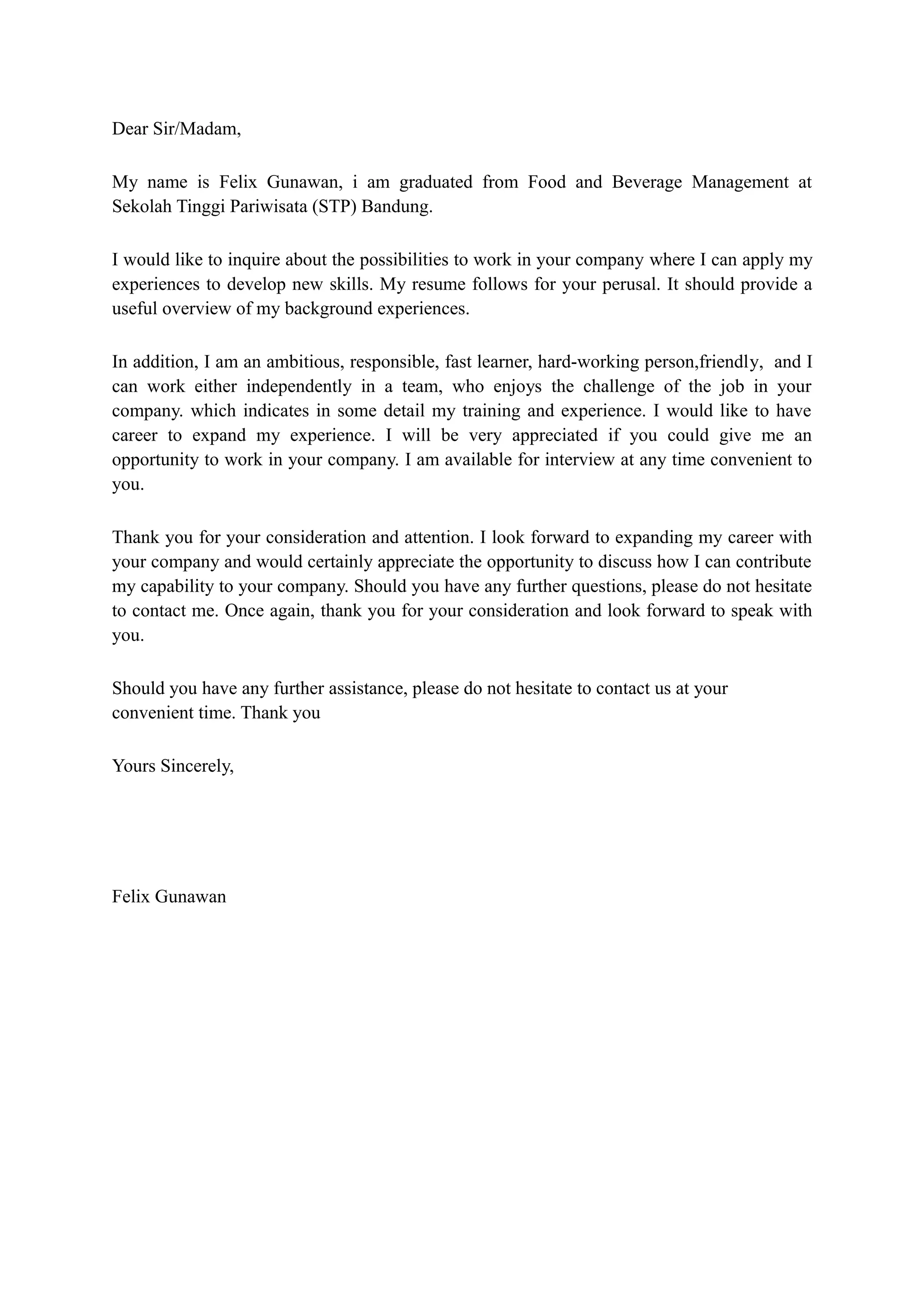 CV Felix Gunawan & APPLICATION LETTER | PDF